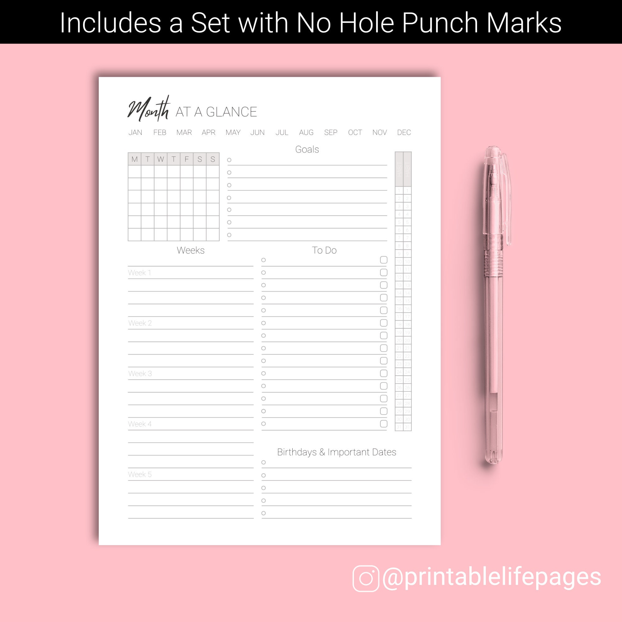 A4 Month at a Glance + Hole Punch Marks | Printable Calendar | Goal ...
