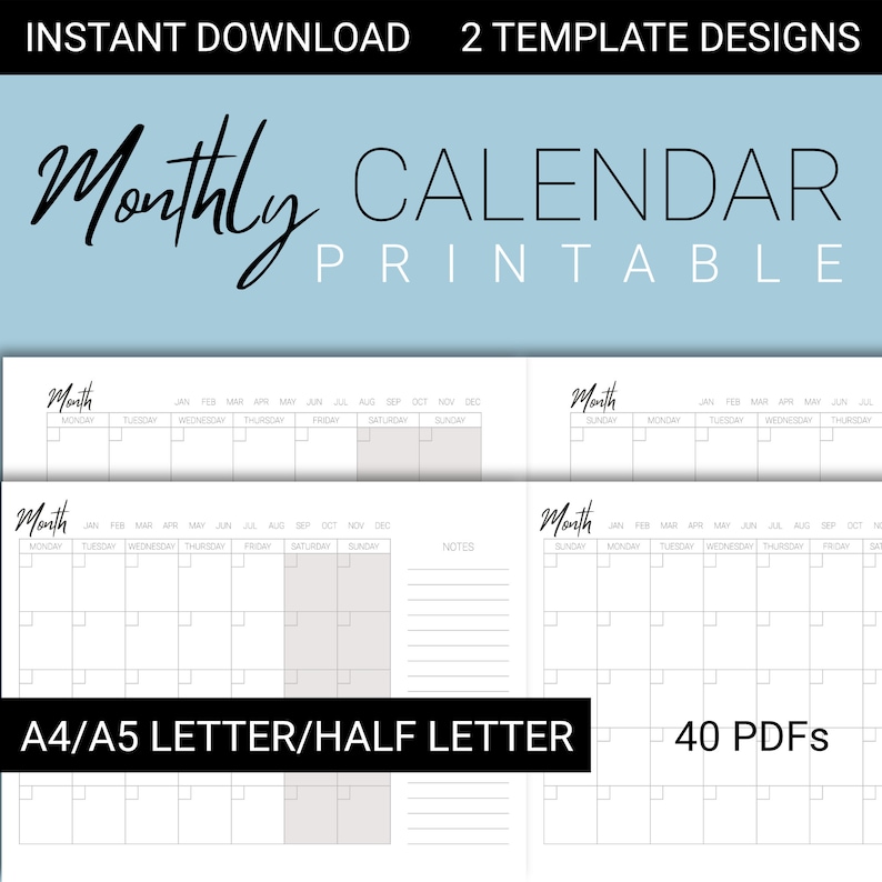 Monthly Calendar Bundle | Printable Calendar | Undated | Monday ...