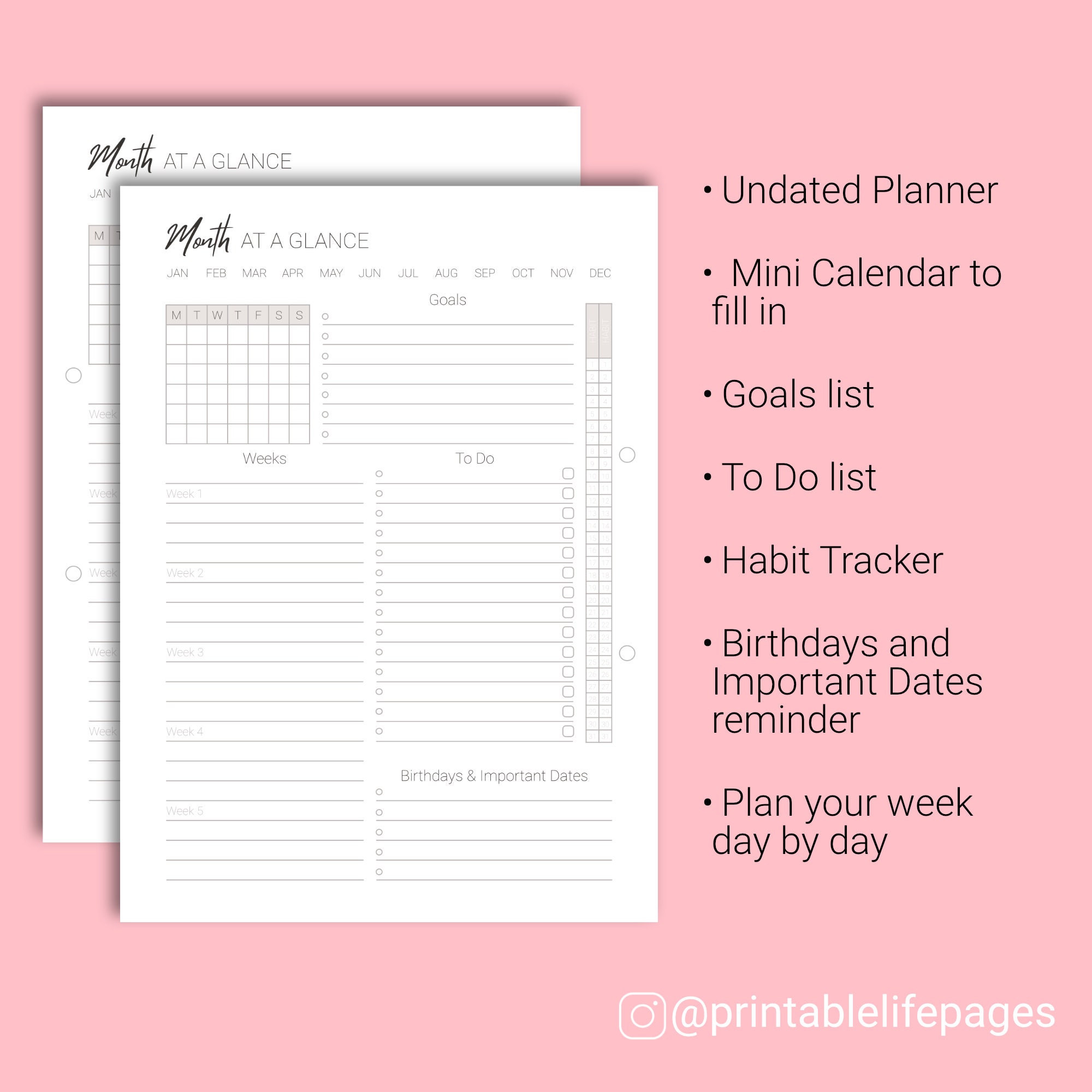 A4 Month at a Glance + Hole Punch Marks | Printable Calendar | Goal ...