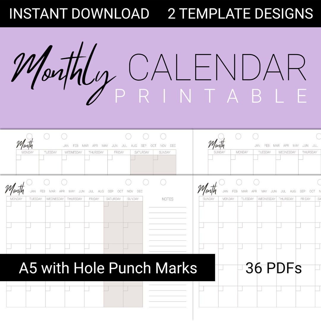 A5 Monthly Calendar Bundle + Hole Punch Marks | Printable Calendar ...