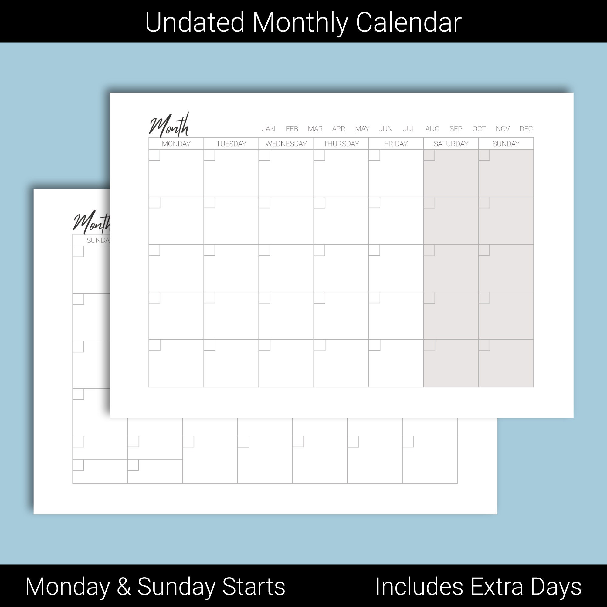 Monthly Calendar Bundle | Printable Calendar | Undated | Monday ...
