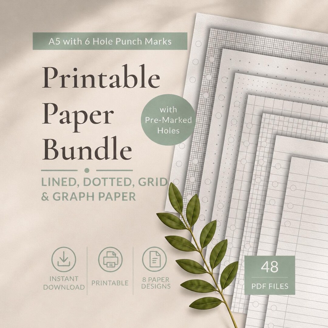 A5 Printable Paper Bundle | Lined, Dot, Grid, Graph Paper (instant ...