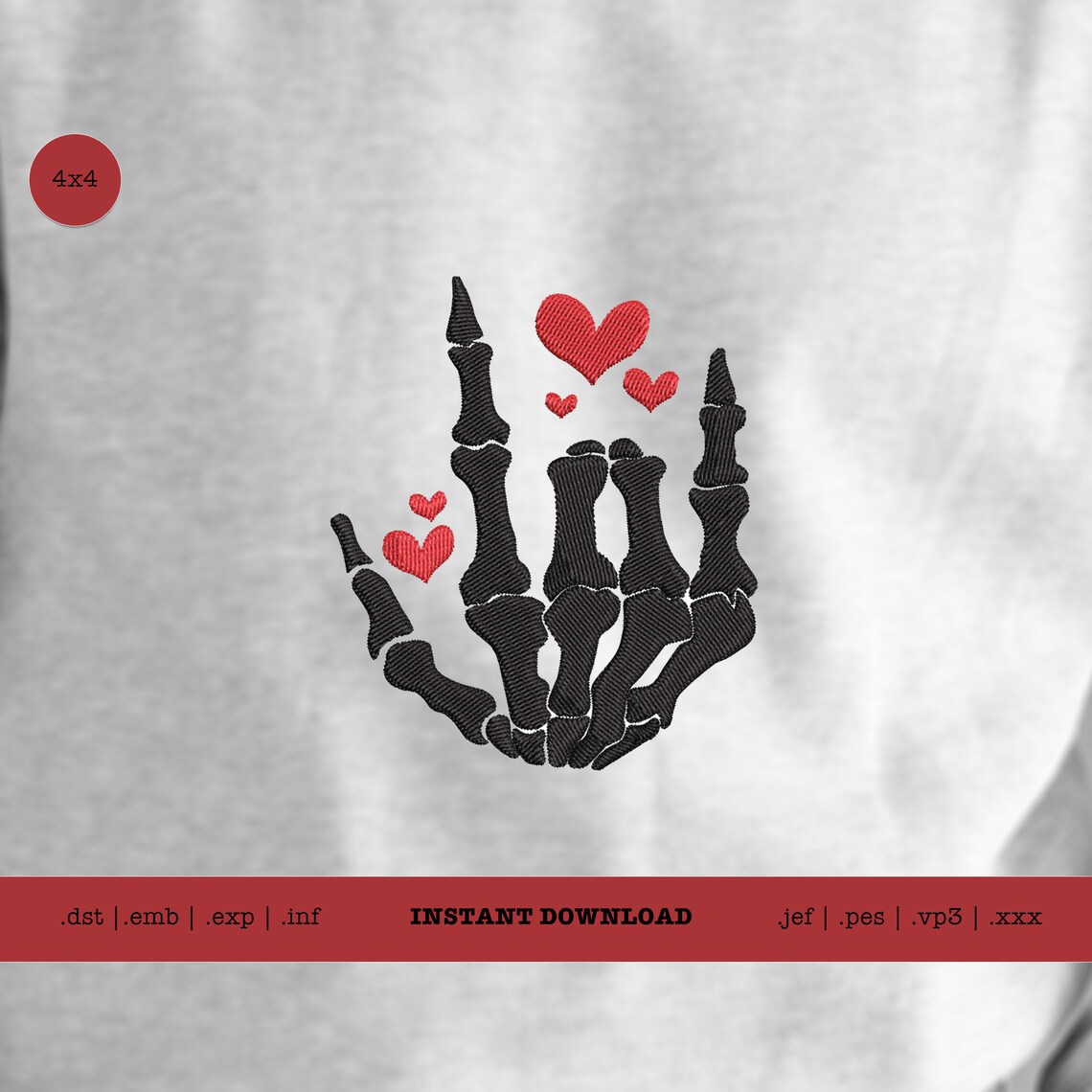Skeleton Hand With Hearts Embroidery Design: Halloween Love (4x4 ...