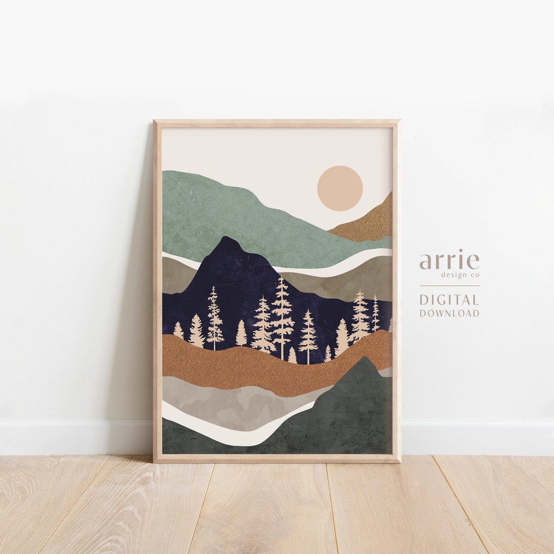 Boho Mountain Art Print, Abstract Mountains and Trees, Landscape Wall ...