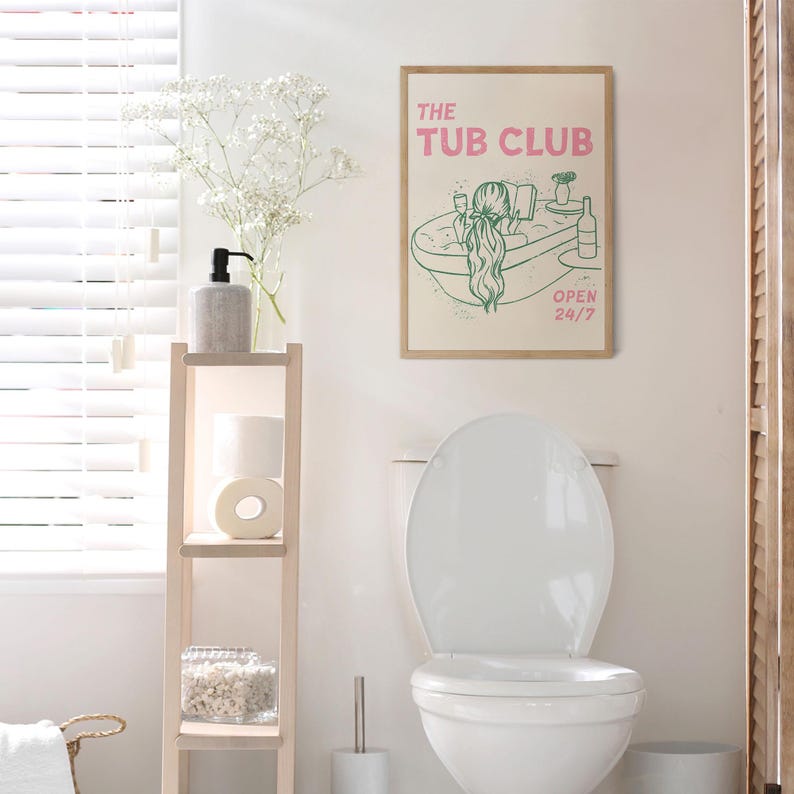 The Tub Club Print, Trendy Cute Bathroom Decor, Bathtub Art, Feminine ...