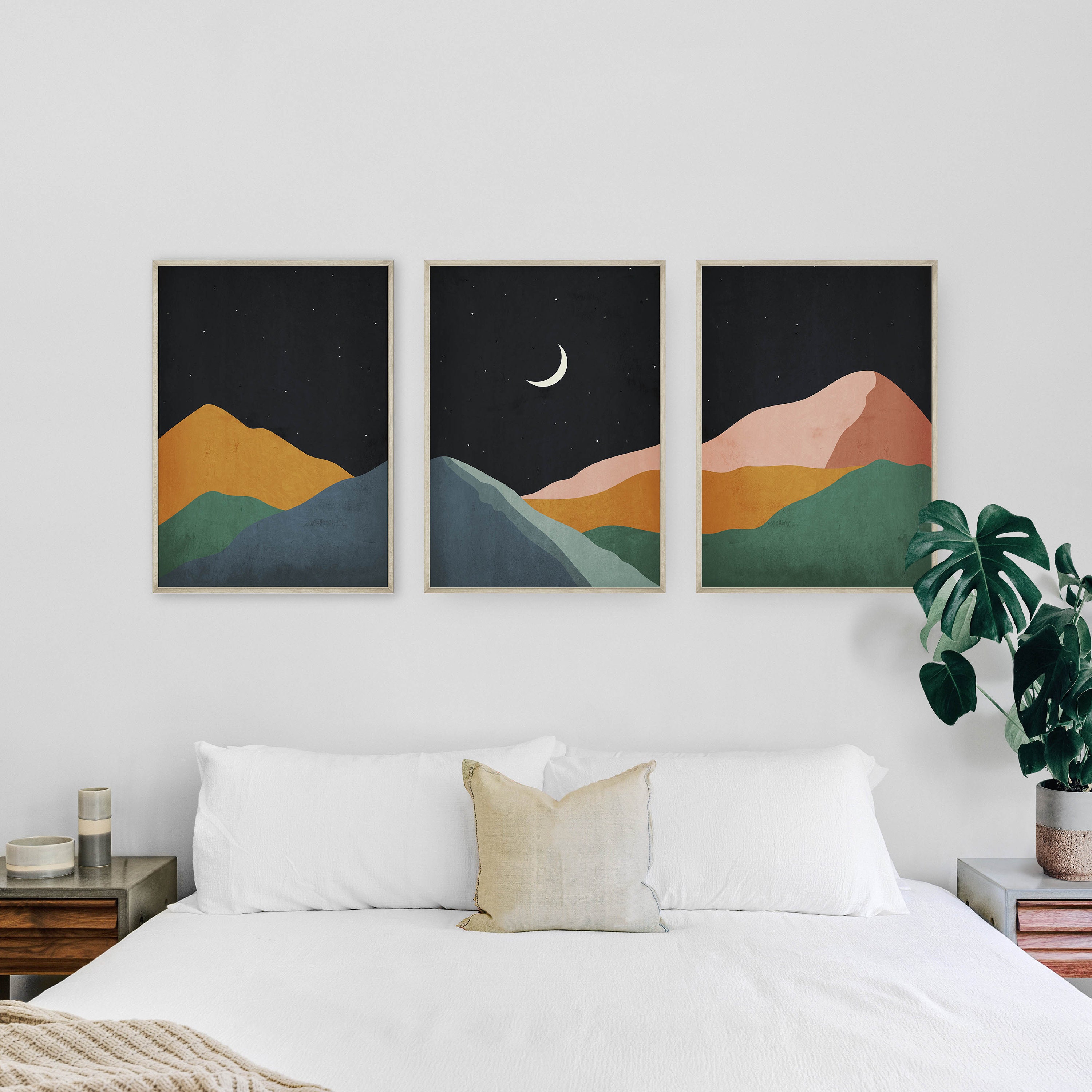 Moon Mountain Wall Art Set, Night Mountains Print Set, Landscape Art ...