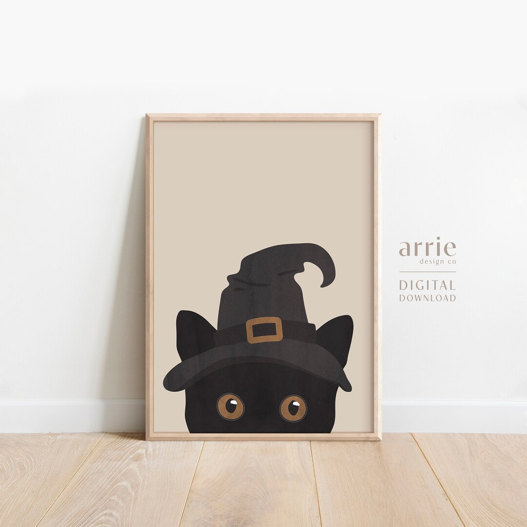 Peeking Cat Wall Art, Halloween Cat Print, Witches Cat Art, Black Cat ...