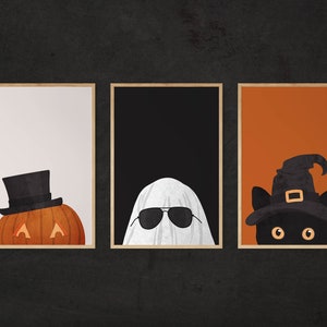 Halloween Print Set of 3, Peeking Ghost Cat and Pumpkin Art Prints ...