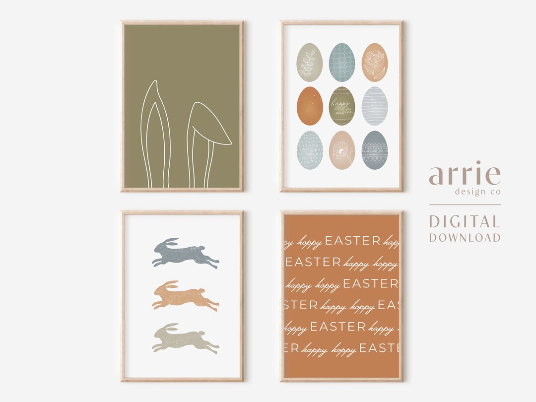 Minimalist Easter Wall Art Set of 4, Boho Easter Decor, Rabbit Ears ...