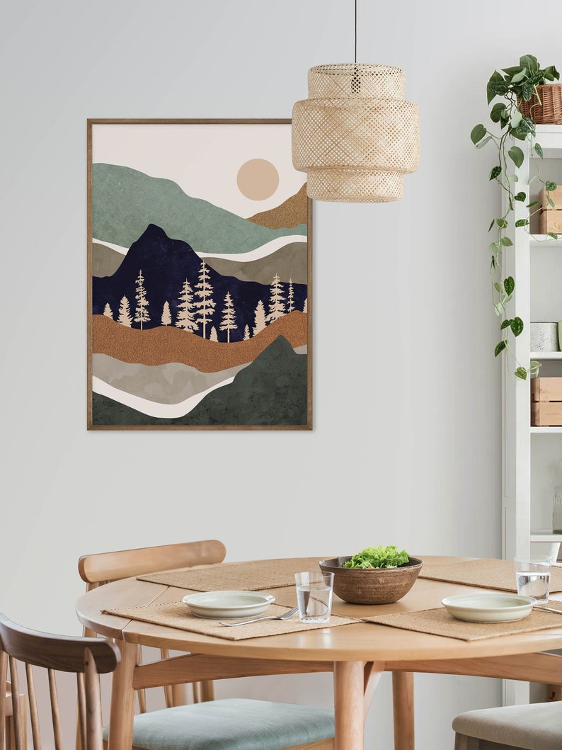 Boho Mountain Art Print, Abstract Mountains and Trees, Landscape Wall ...