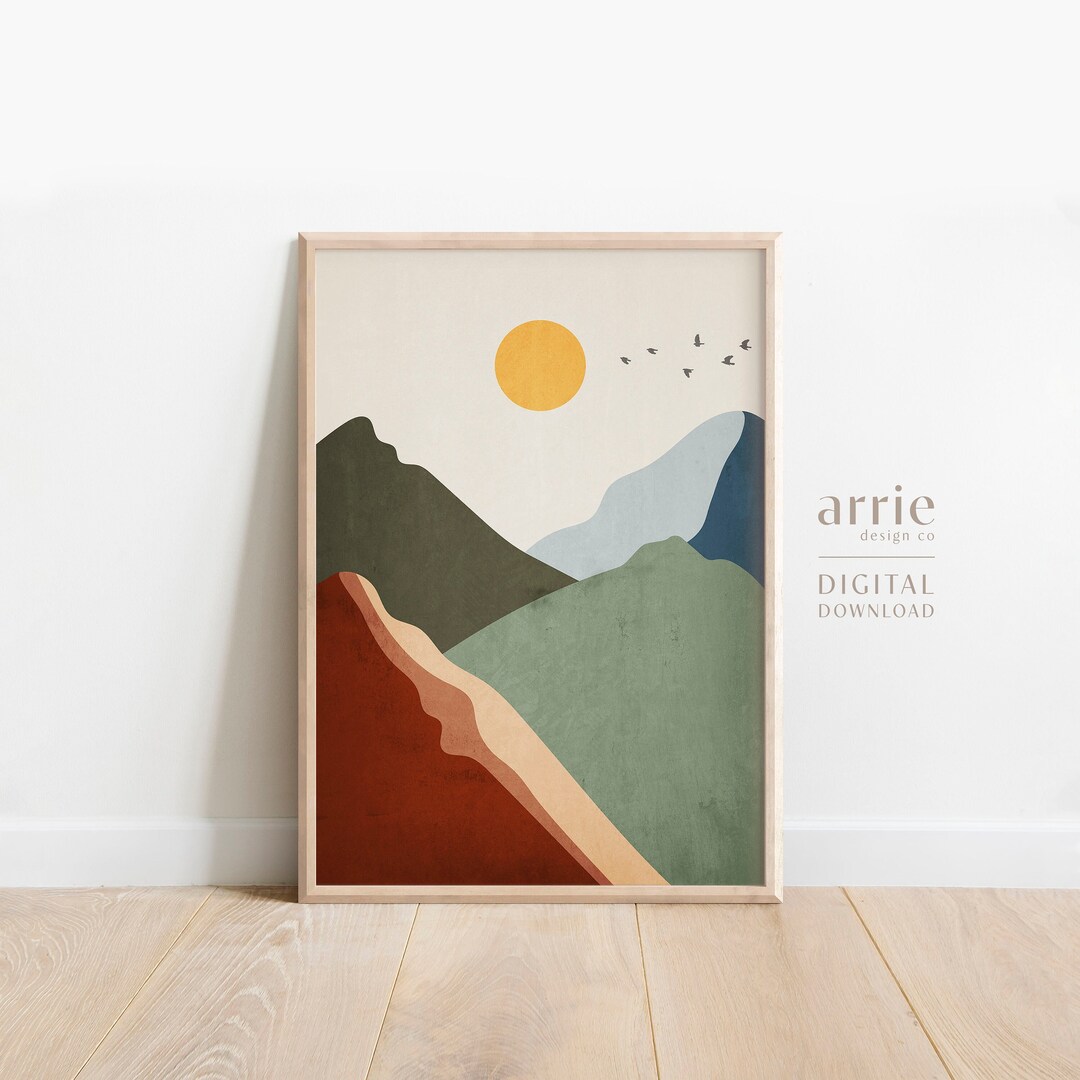 Boho Mountain Wall Art, Sun Landscape Art Print, Minimalist Mountain ...