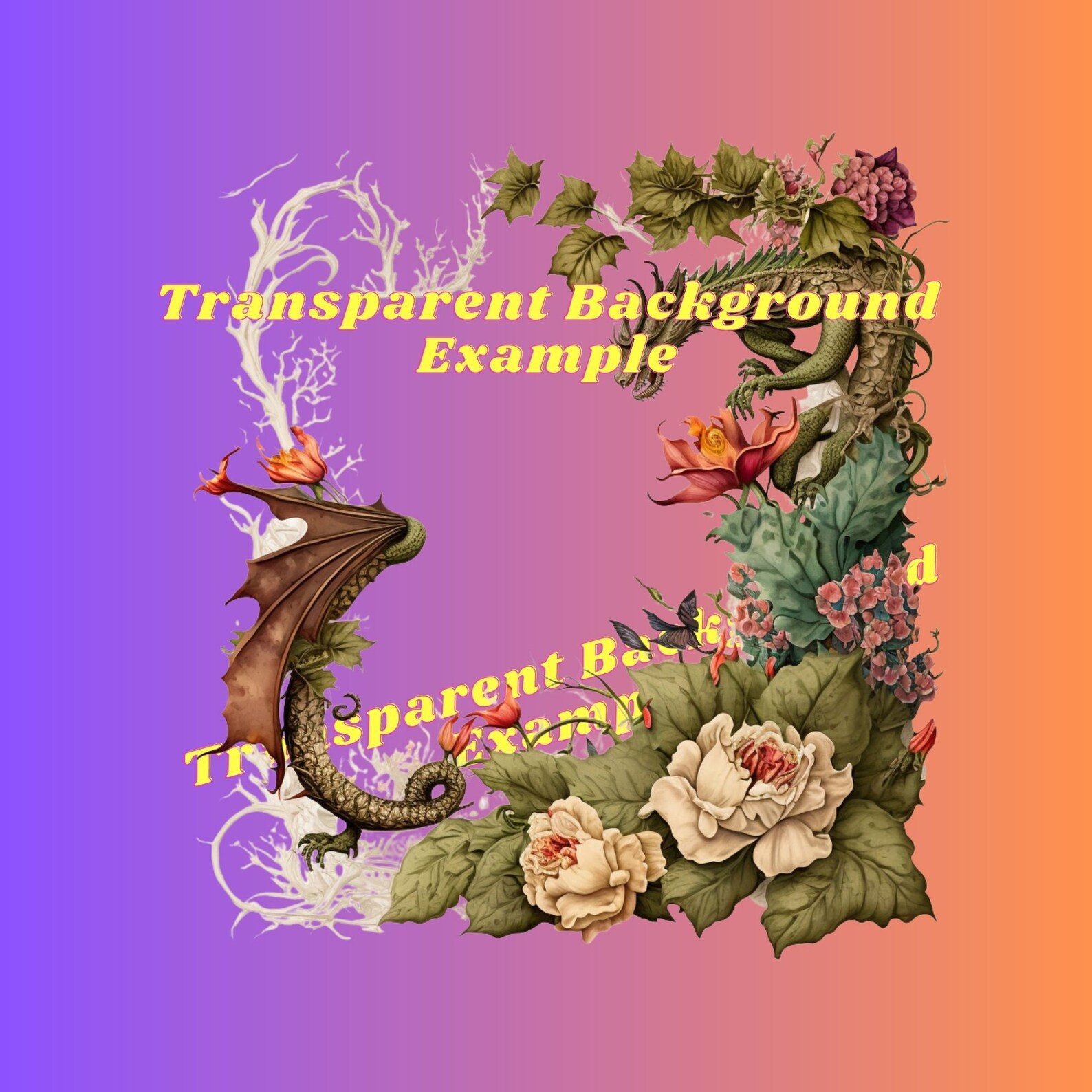 Vintage Dragon Floral Border PNG Mythical Flower Frame Invitations ...