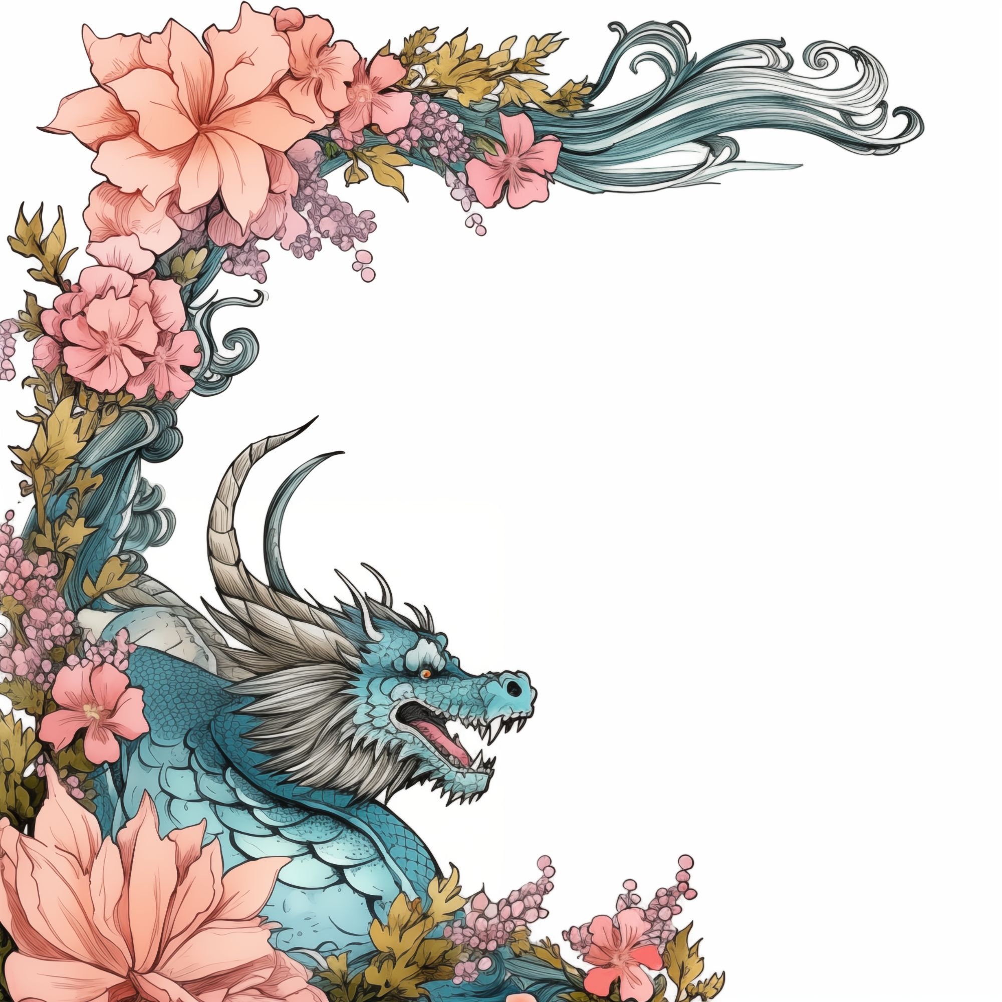 Mystical Dragon Bloom Border - Enchanted Floral Frame PNG - Perfect for ...