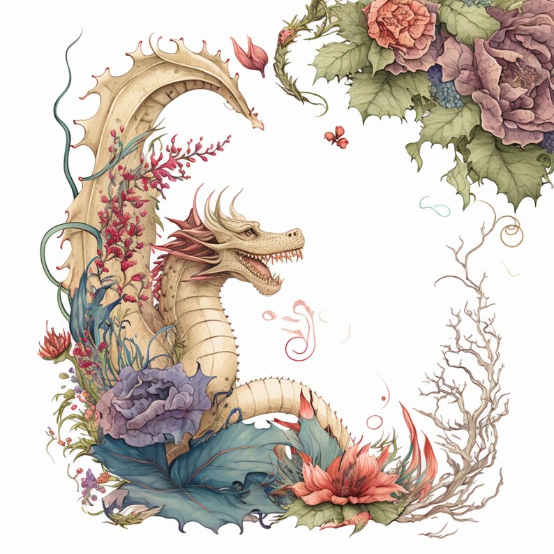 Vintage Dragon Floral Border PNG - Mythical Flower Frame - Invitations ...