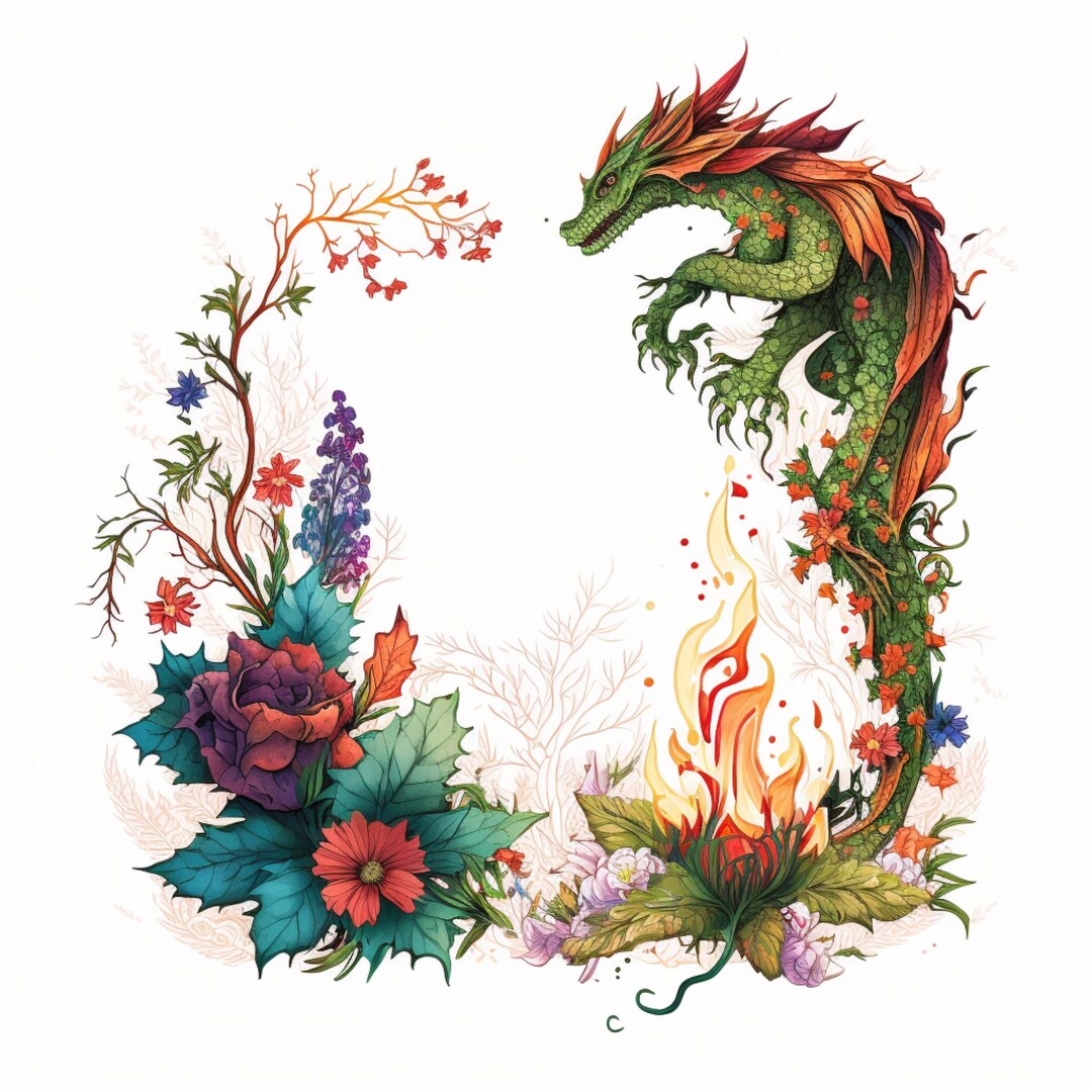 Vintage Dragon Floral Border PNG - Mythical Flower Frame - Invitations ...