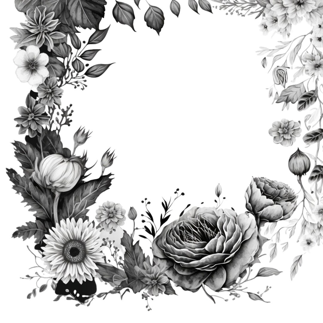 Enchanting Monochrome Floral Border PNG, Elegant Black & White Flower ...