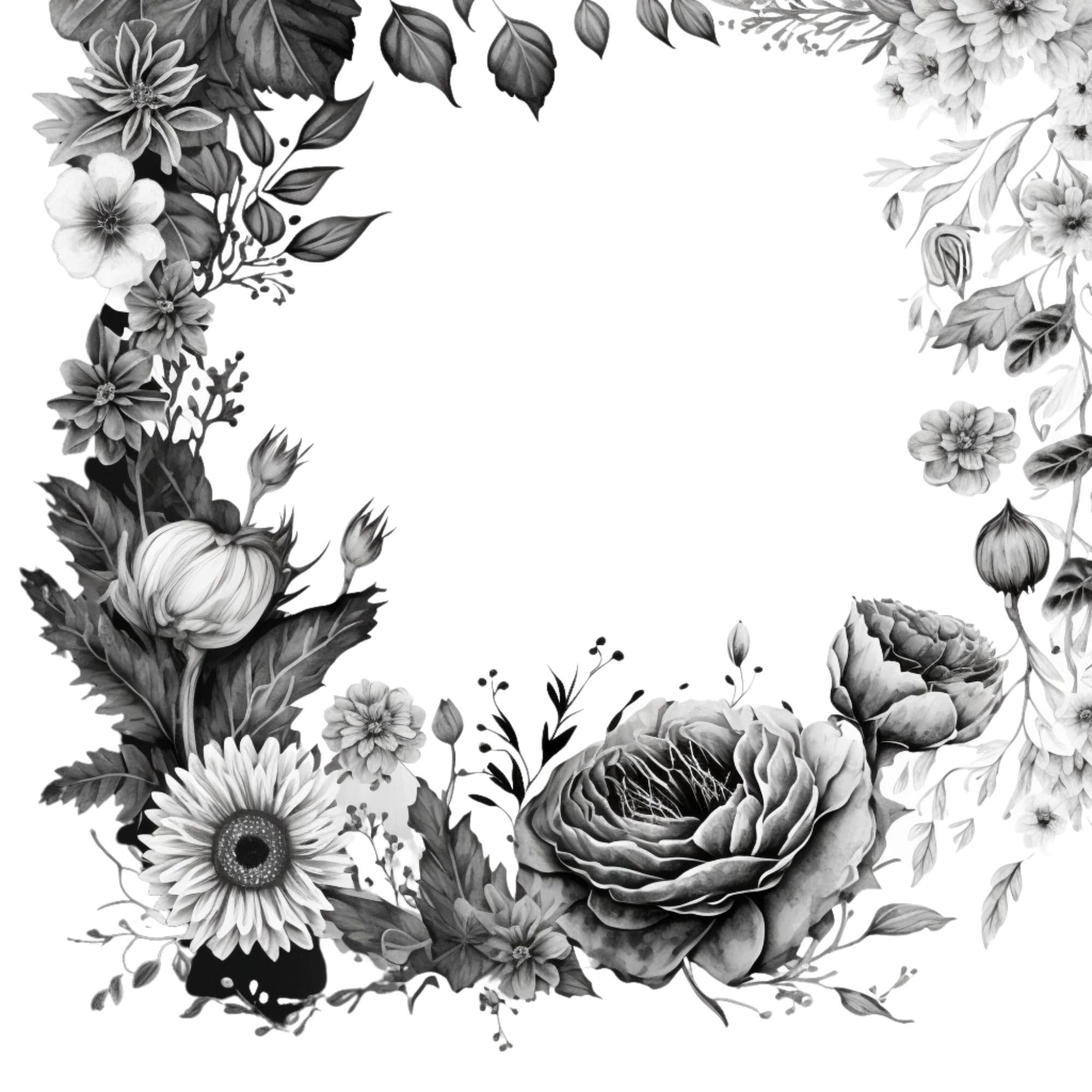 Enchanting Monochrome Floral Border PNG, Elegant Black & White Flower ...