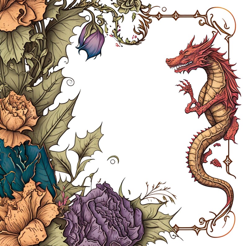 Vintage Dragon Floral Border PNG - Mythical Flower Frame - Invitations ...