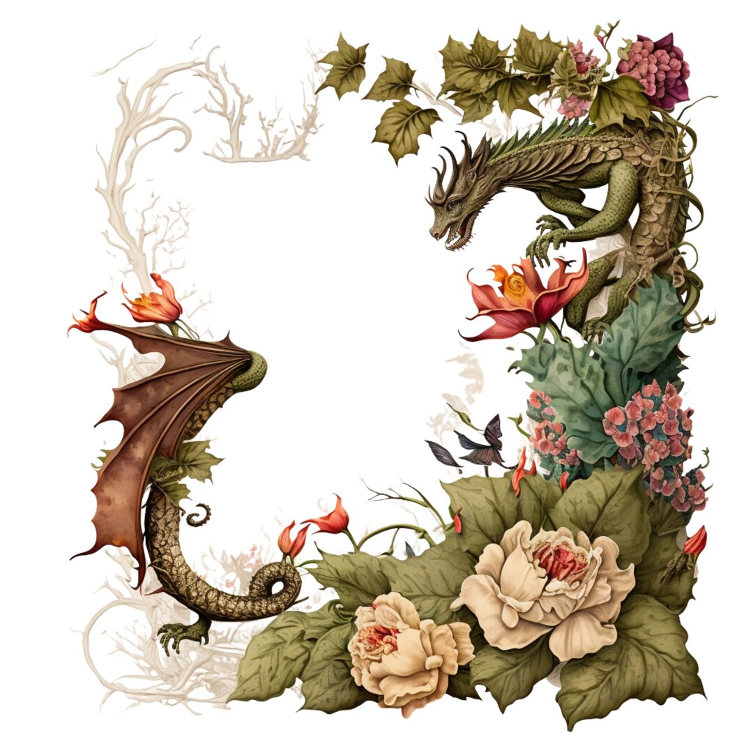 Vintage Dragon Floral Border PNG - Mythical Flower Frame - Invitations ...