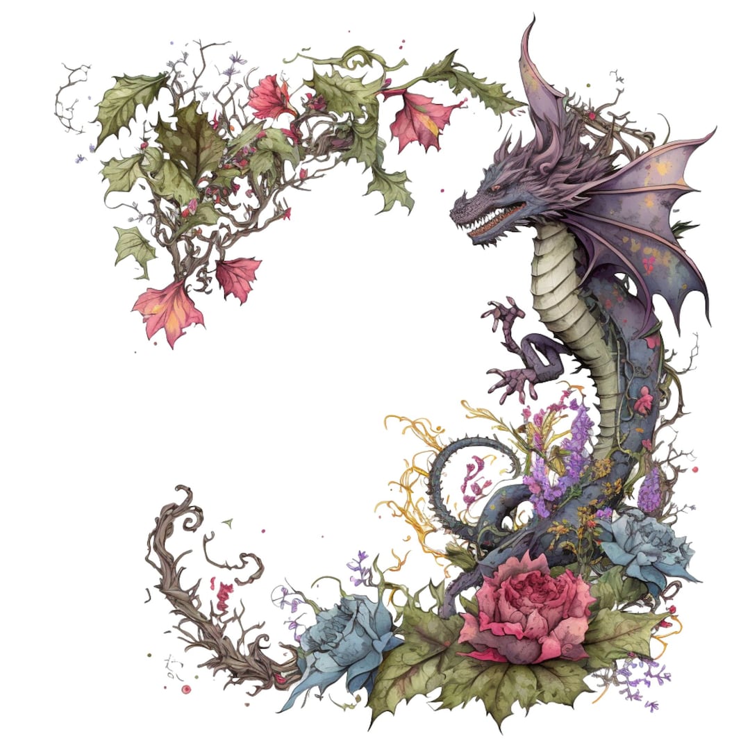 Vintage Dragon Floral Border PNG - Mythical Flower Frame - Invitations ...