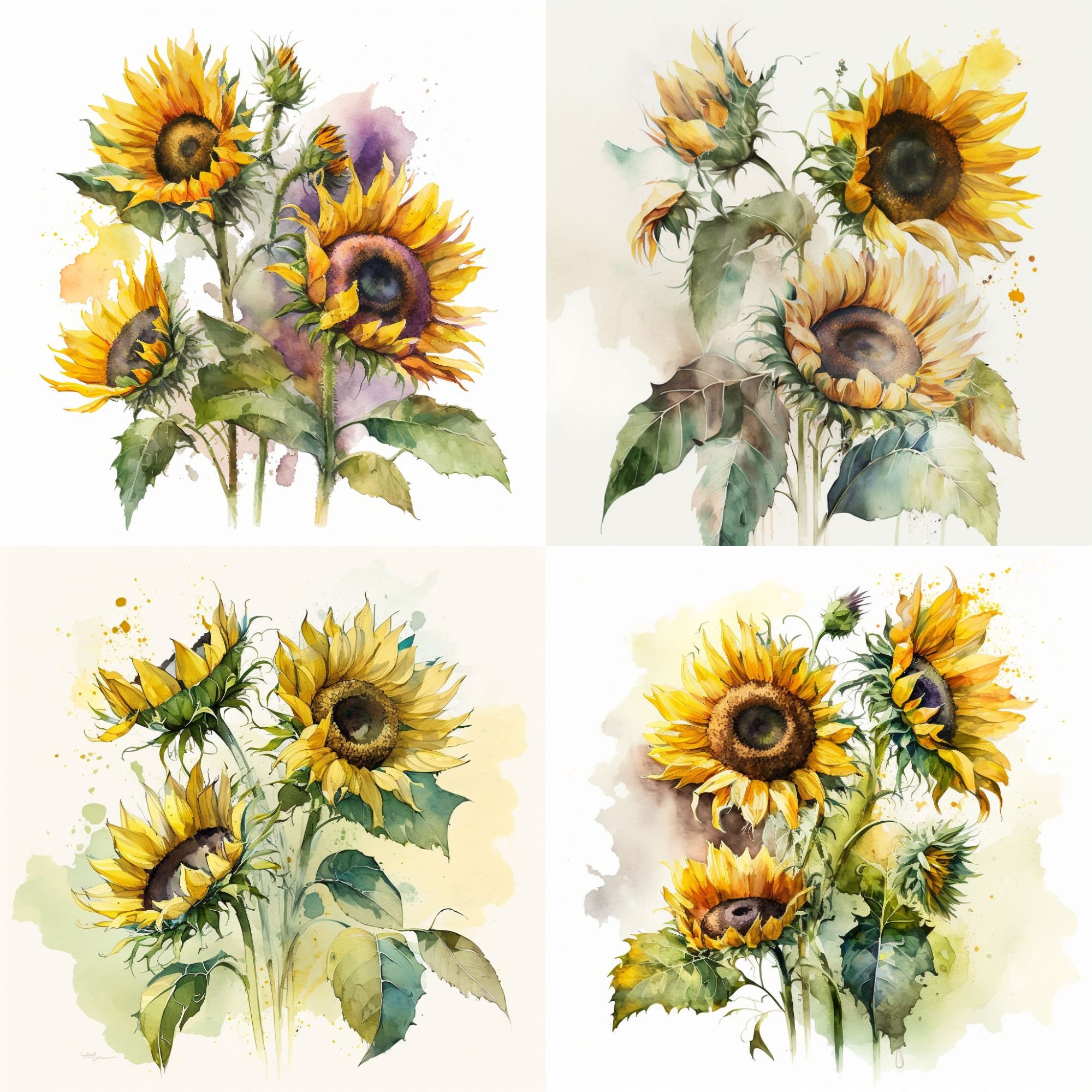 4 Sunflower Watercolor Clipart Bundle - High-res Digital Jpgs, Vibrant ...