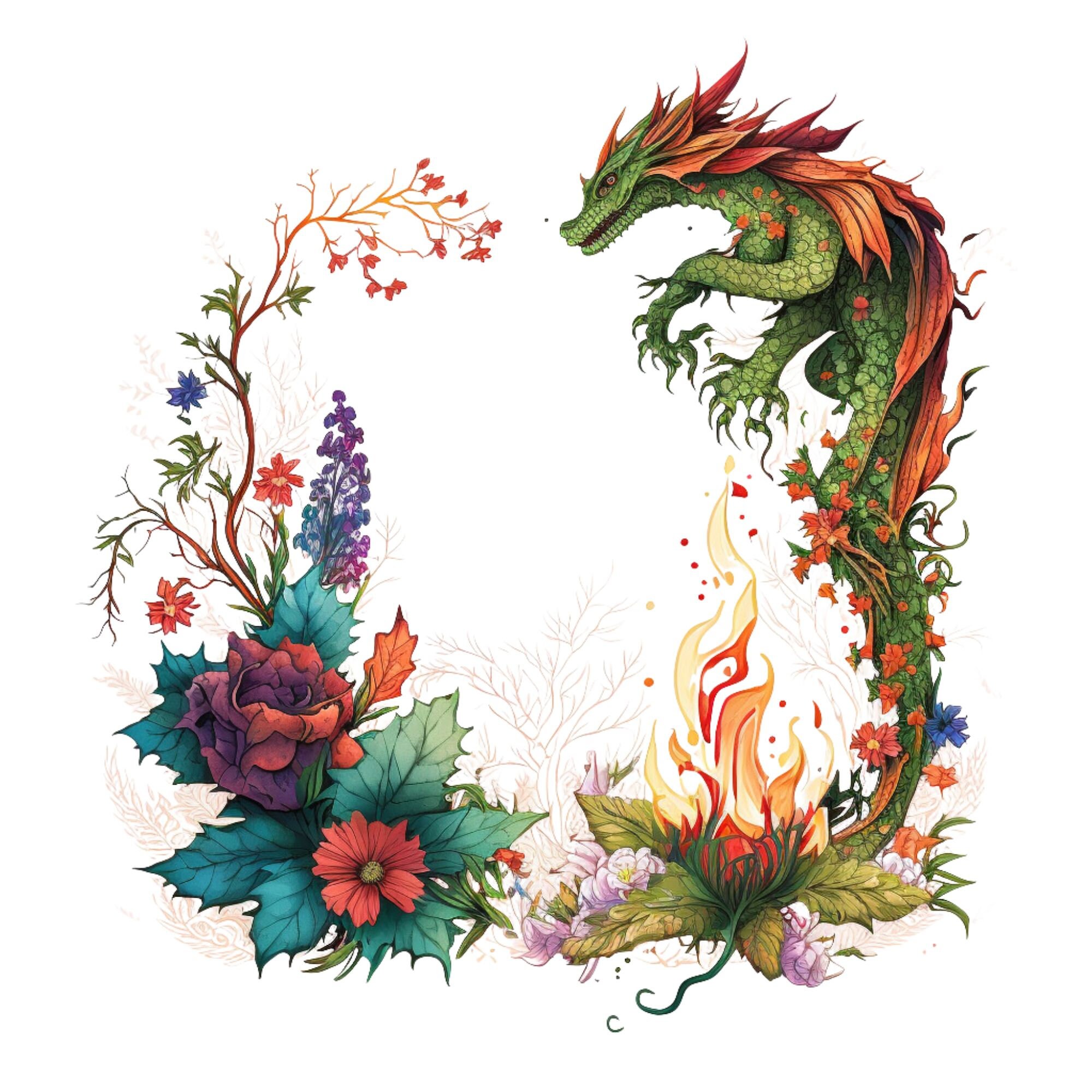 Vintage Dragon Floral Border PNG - Mythical Flower Frame - Invitations ...