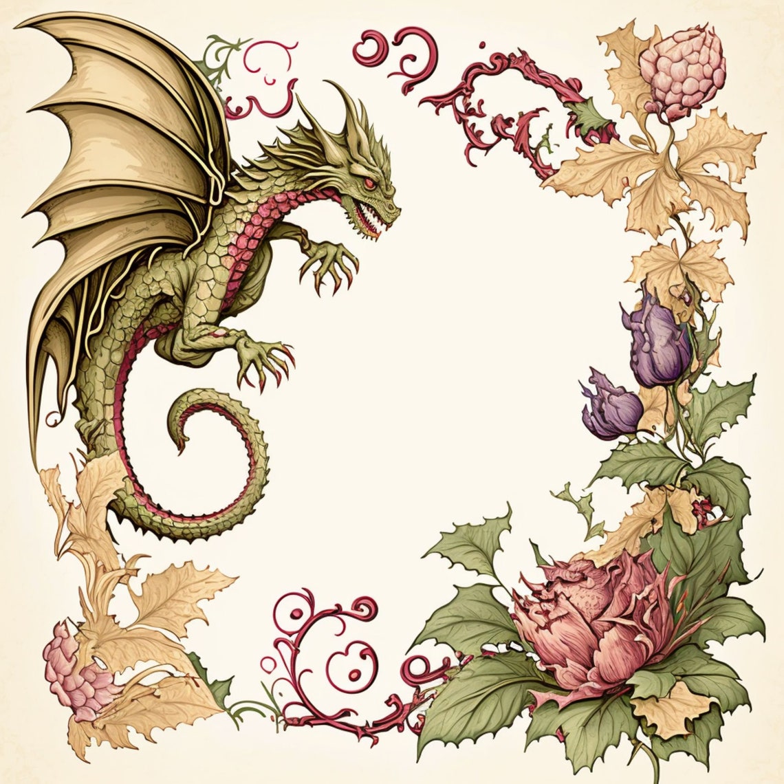 Vintage Dragon Floral Border PNG - Mythical Flower Frame - Invitations ...