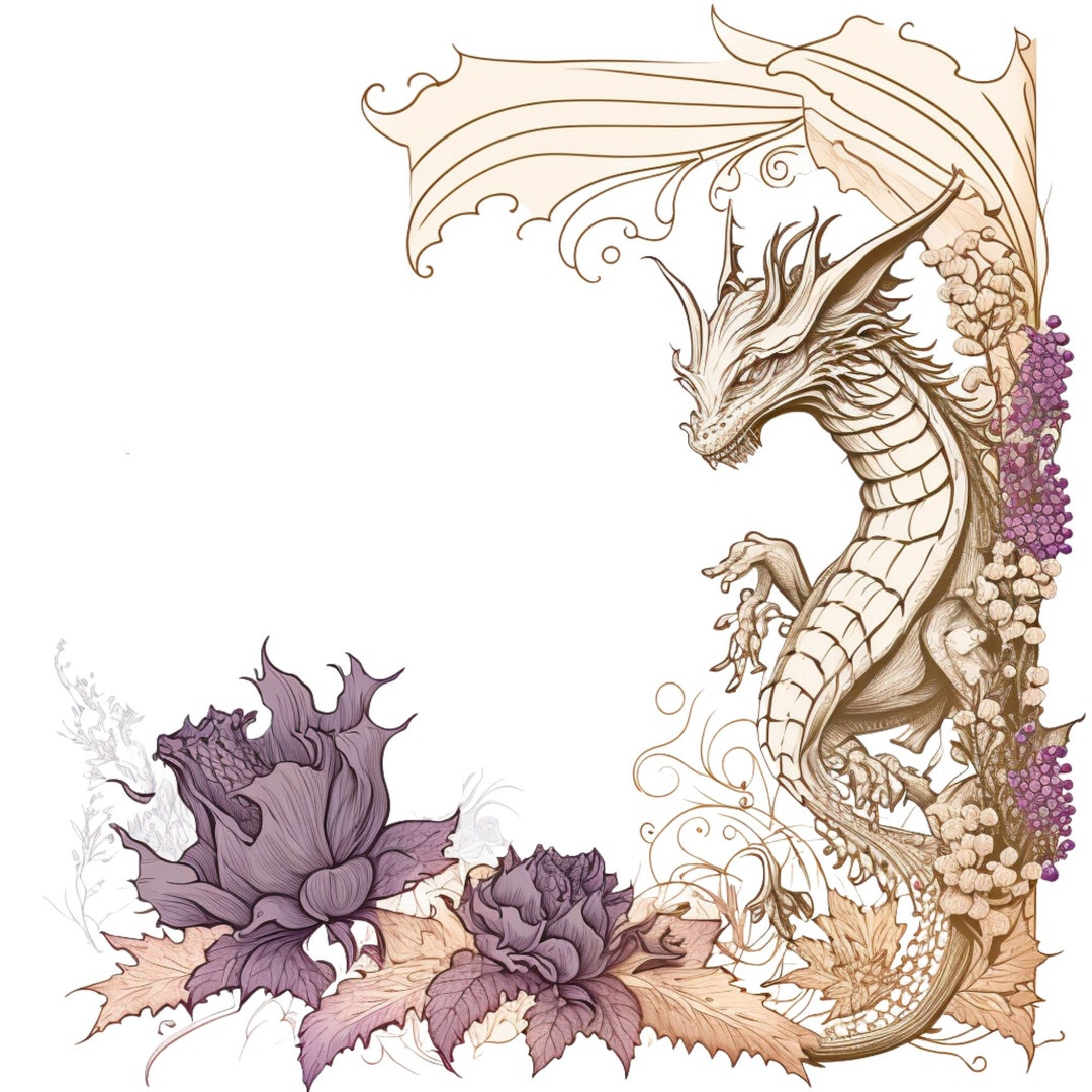 Vintage Dragon Floral Border PNG - Mythical Flower Frame - Invitations ...