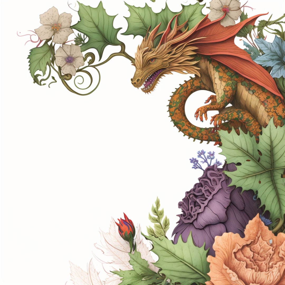 Vintage Dragon Floral Border PNG - Mythical Flower Frame - Invitations ...