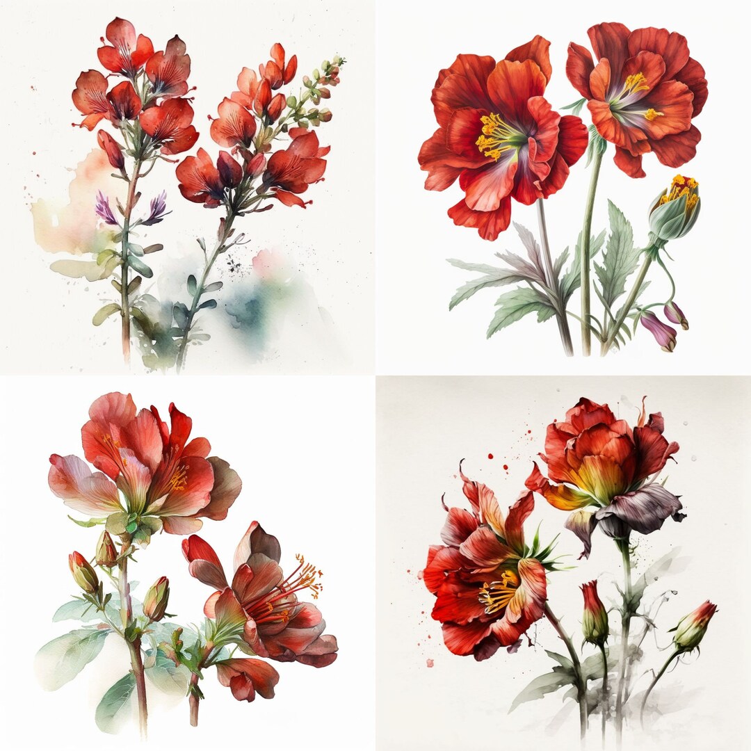 17 Ruby Blossoms Clipart Collection - Bundle of 17 Red Watercolor ...