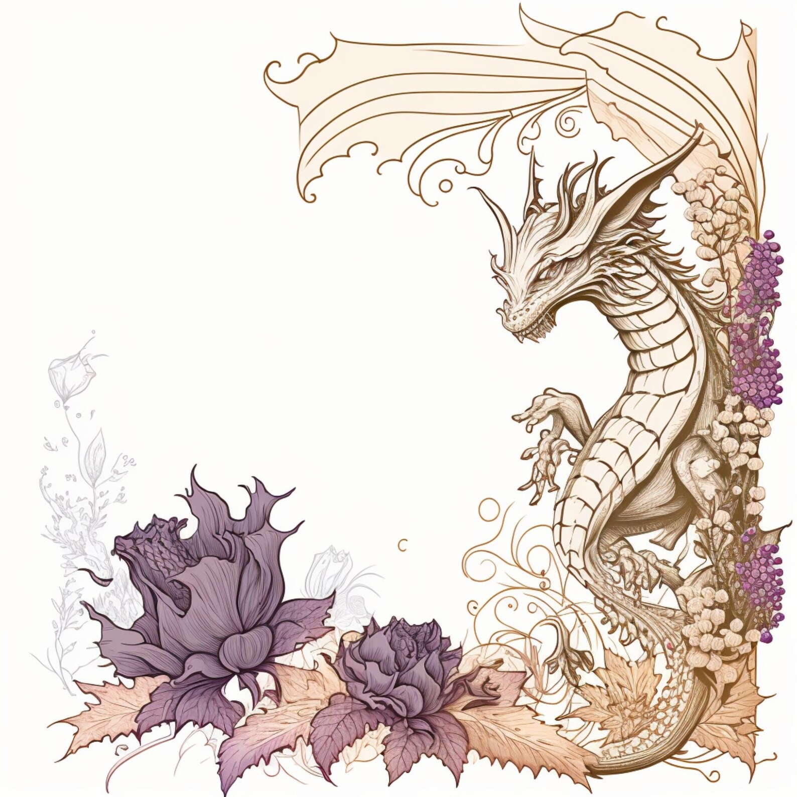 Vintage Dragon Floral Border PNG Mythical Flower Frame Invitations ...