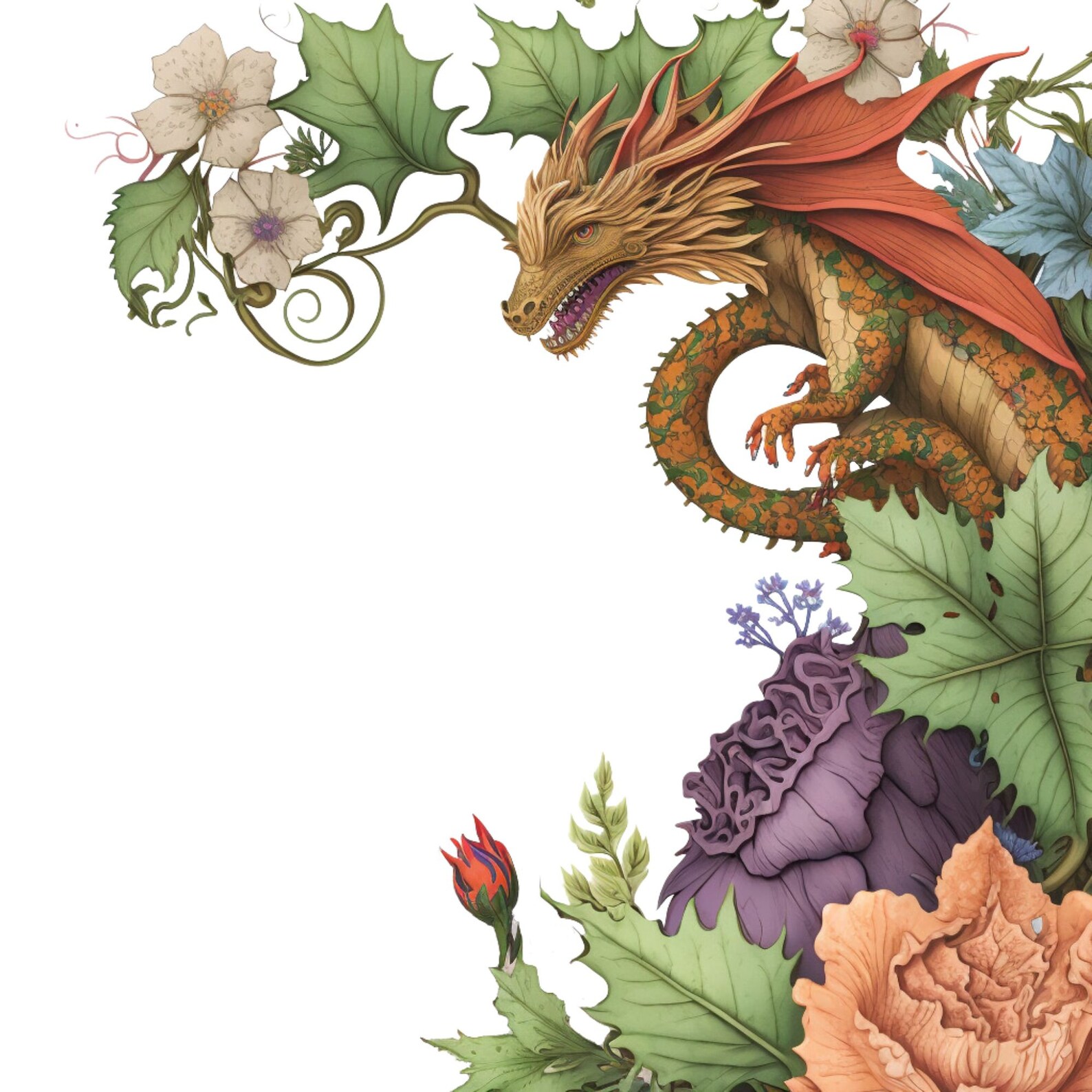 Vintage Dragon Floral Border PNG Mythical Flower Frame Invitations ...
