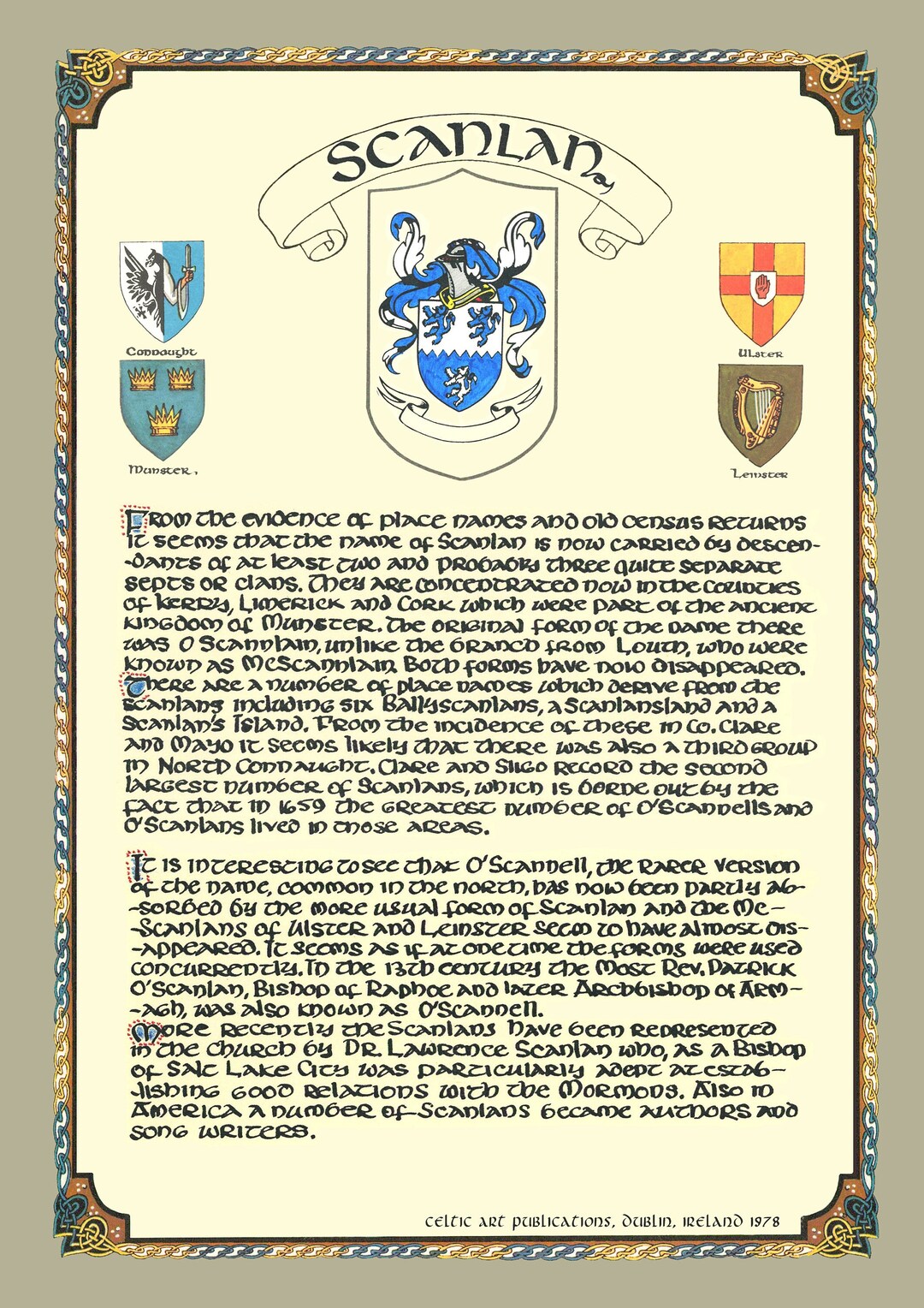 Scanlan Family Crest Irish Coat of Arms Irish Family Crest Gifts ...