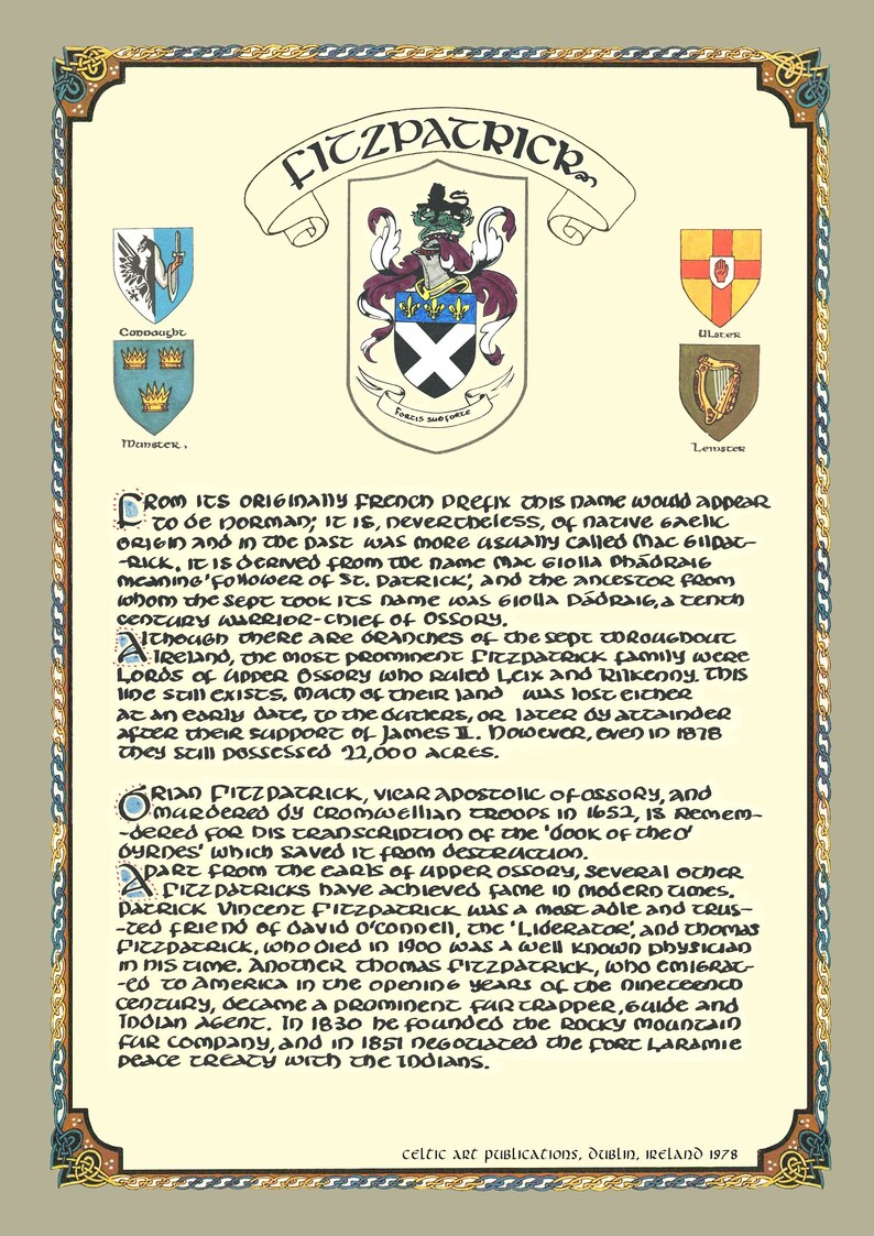 Fitzpatrick Family Crest Irish Coat of Arms Irish Family Crest Gifts ...