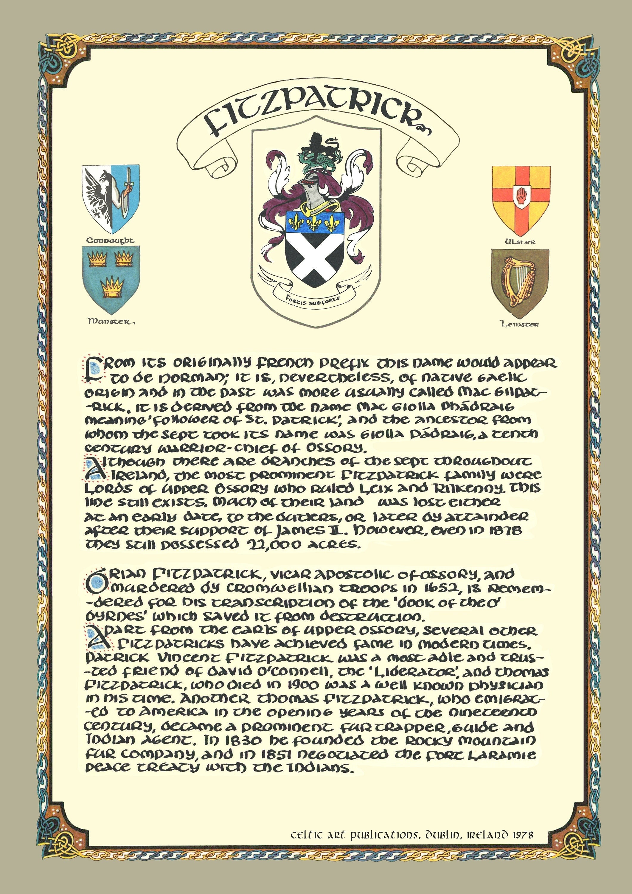 Fitzpatrick Family Crest Irish Coat of Arms Irish Family Crest Gifts ...
