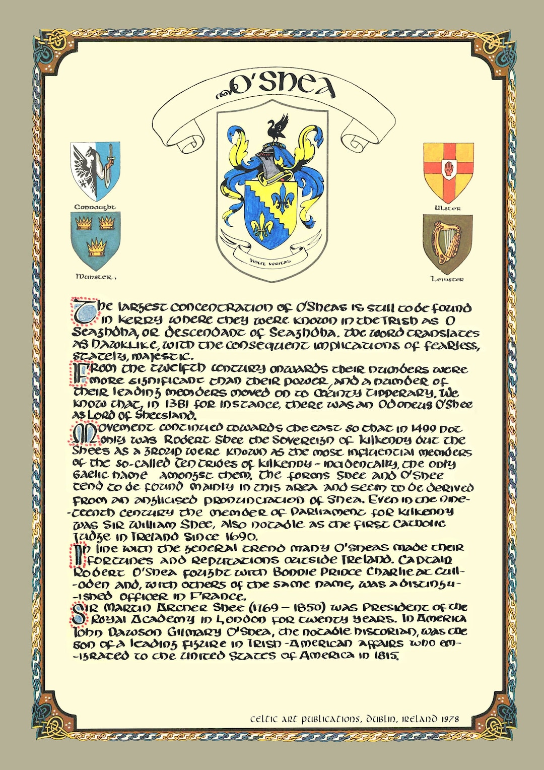 O'shea Family Crest Irish Coat of Arms Irish Family Crest Gifts Ireland ...