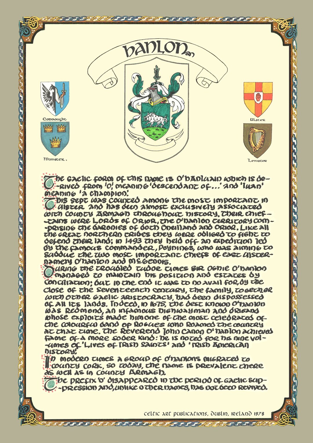 Hanlon Family Crest Irish Coat of Arms Irish Family Crest Gifts Ireland ...