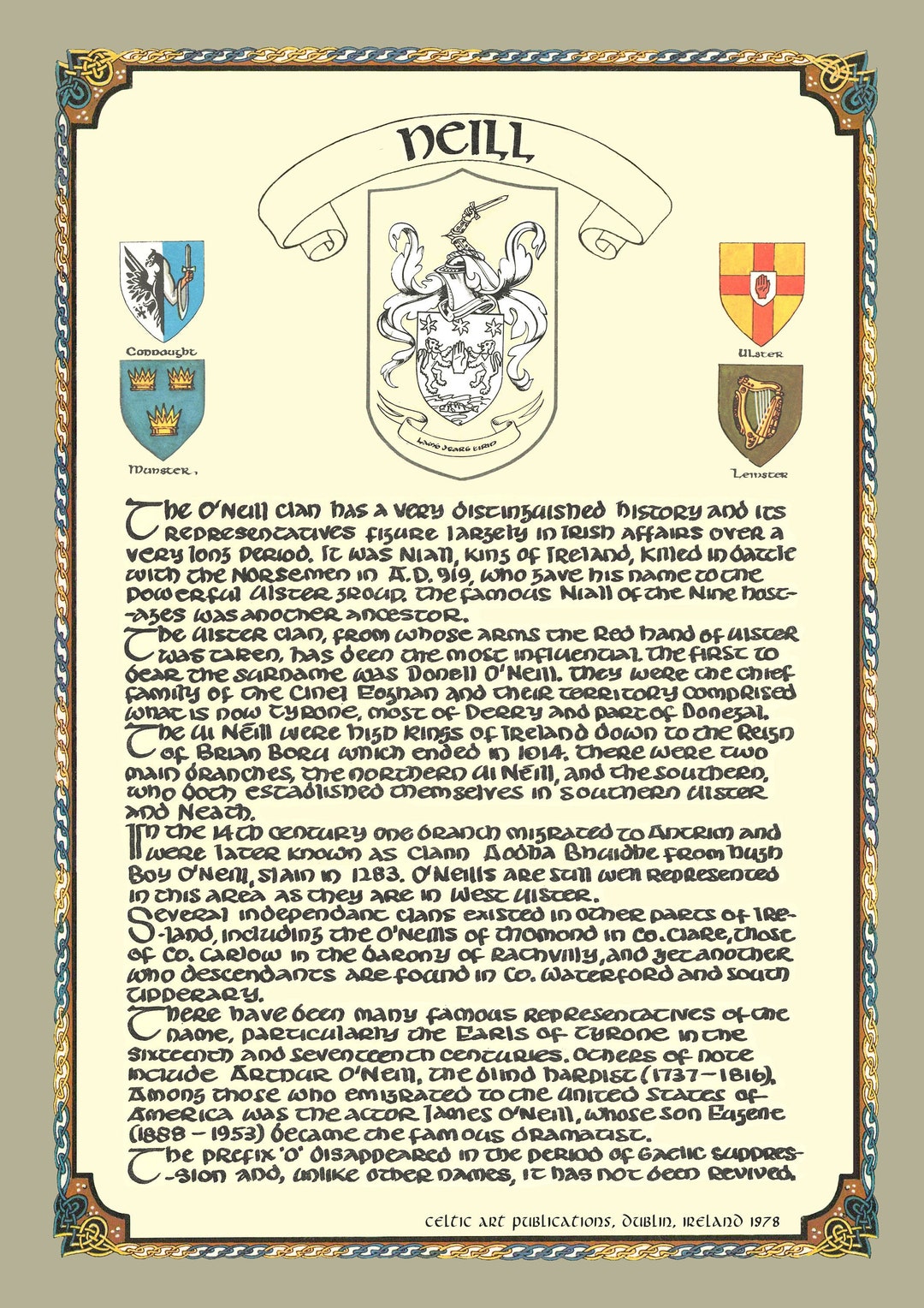 Neill Family Crest Irish Coat of Arms Irish Family Crest Gifts Ireland ...
