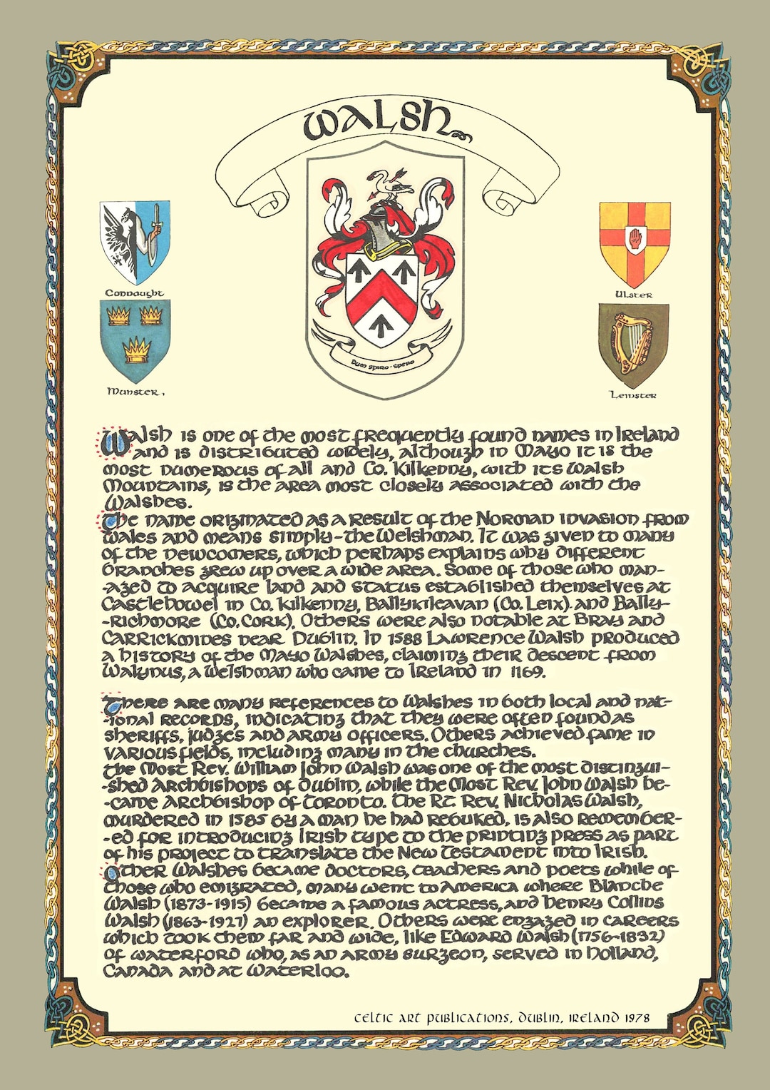 Walsh Family Crest Irish Coat of Arms Irish Family Crest Gifts Ireland ...