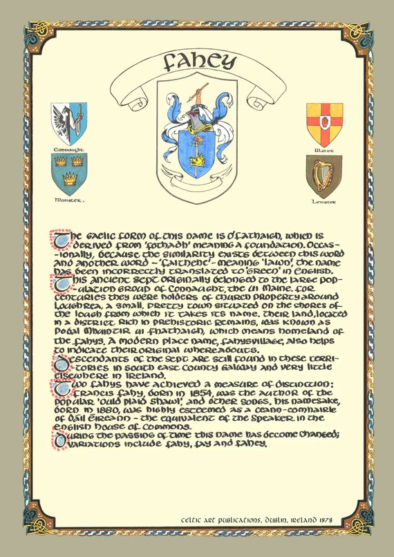 Fahey Family Crest Irish Coat of Arms Irish Family Crest - Etsy