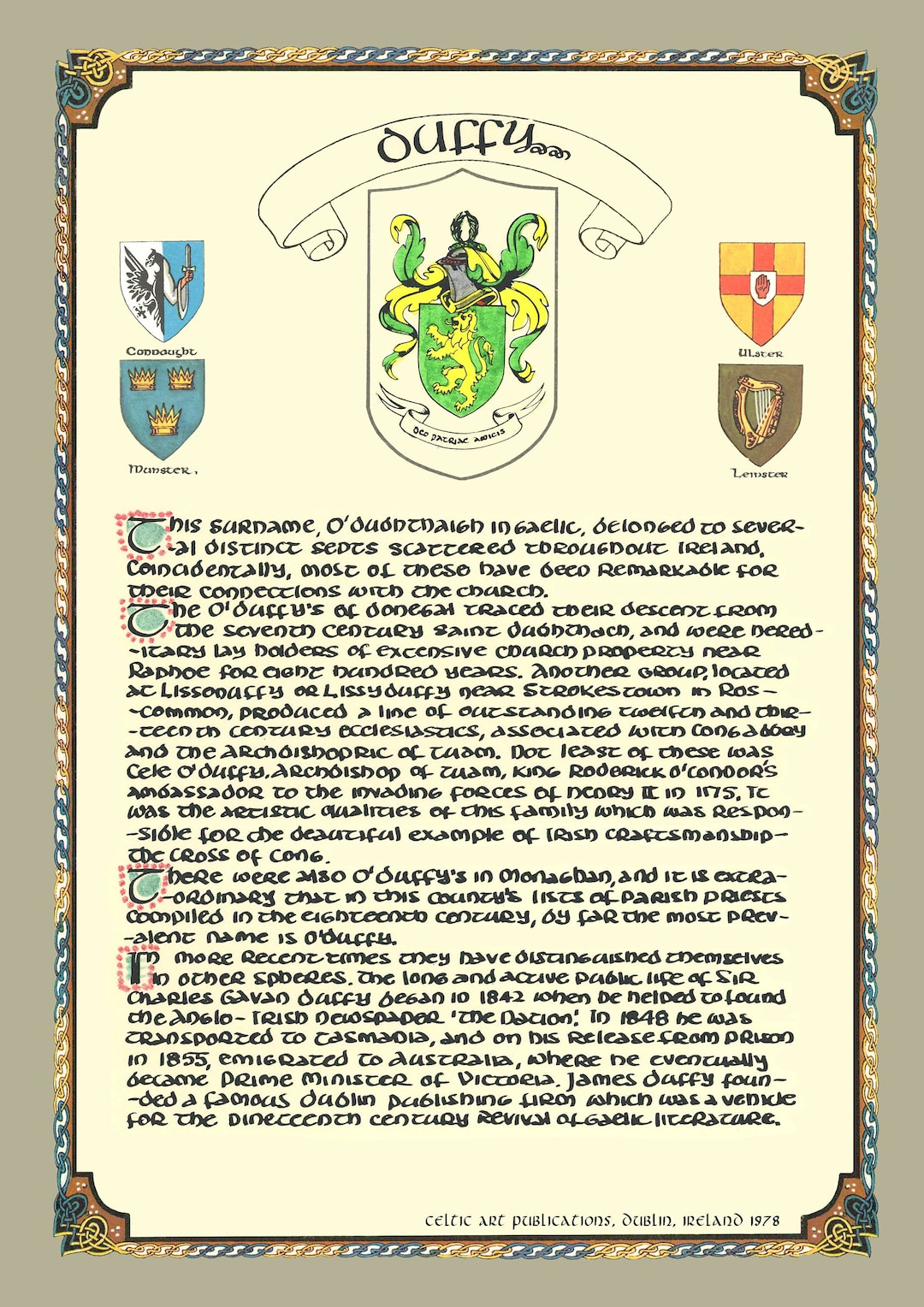 Duffy Family Crest Irish Coat of Arms Irish Family Crest Gifts Ireland ...