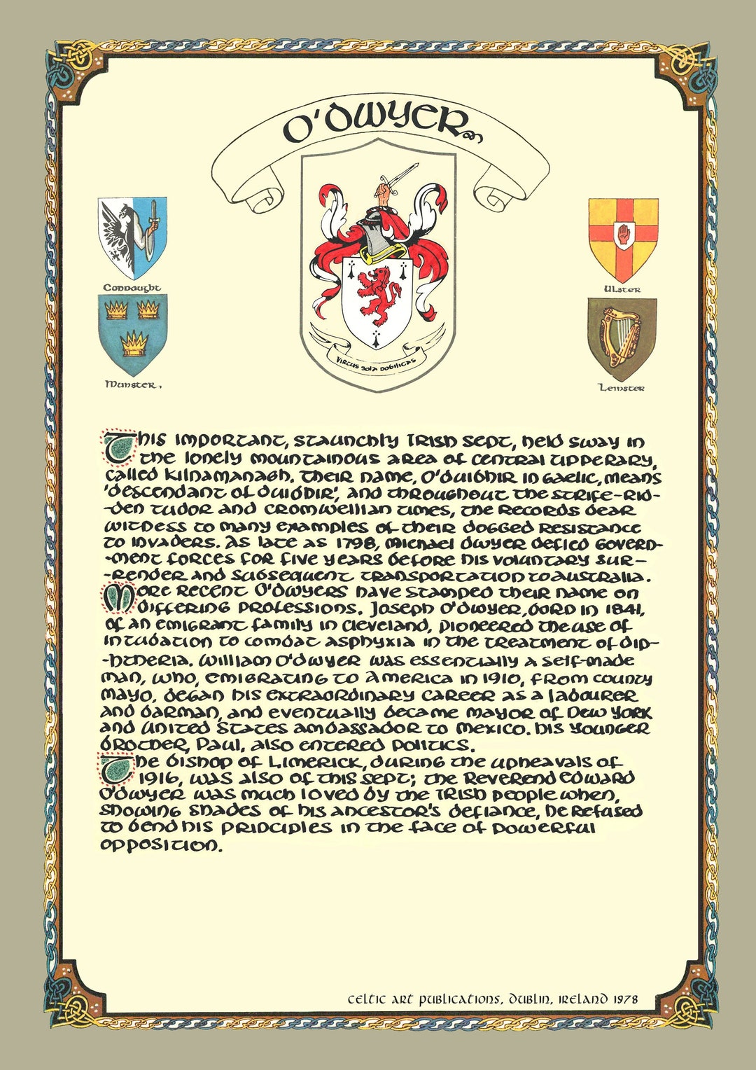 O'dwyer Family Crest Print Download Irish Coat of Arms Irish Family ...