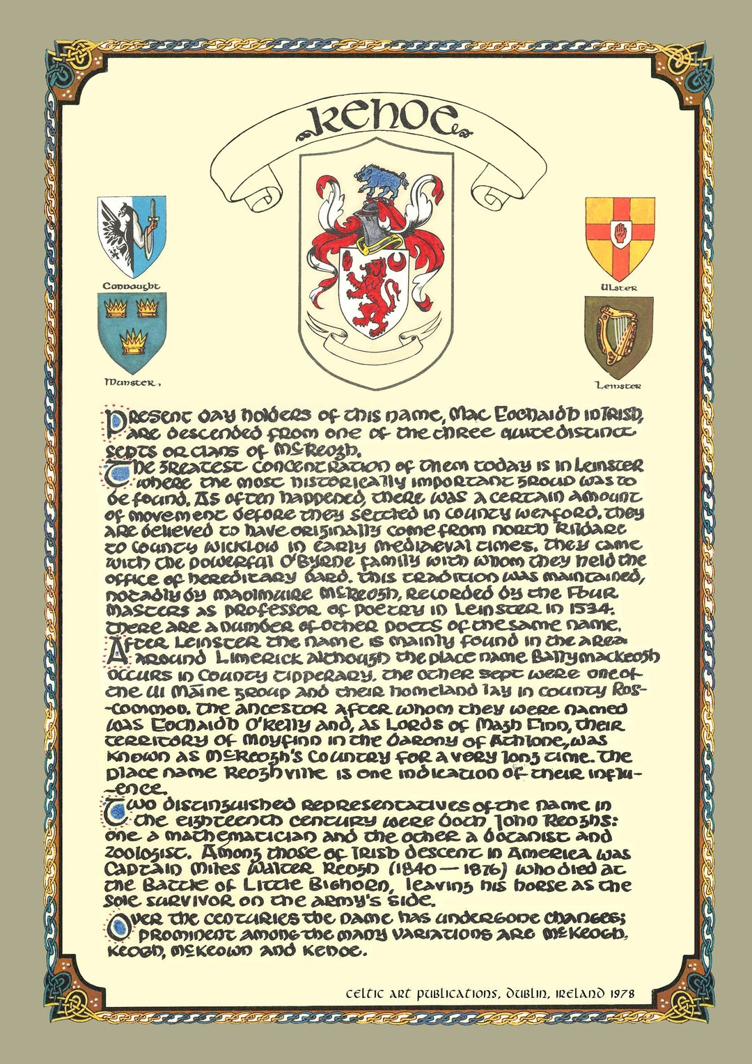 Kehoe Family Crest Irish Coat of Arms Irish Family Crest Gifts Ireland ...
