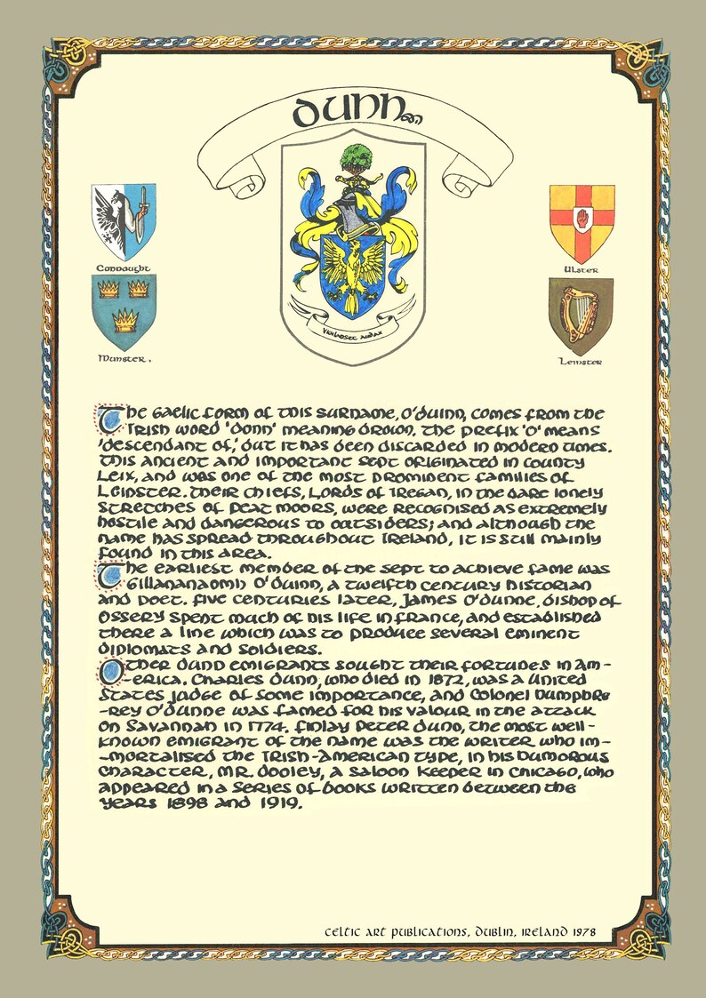 Dunn Family Crest Print Download Irish Coat of Arms Irish Family Crest ...