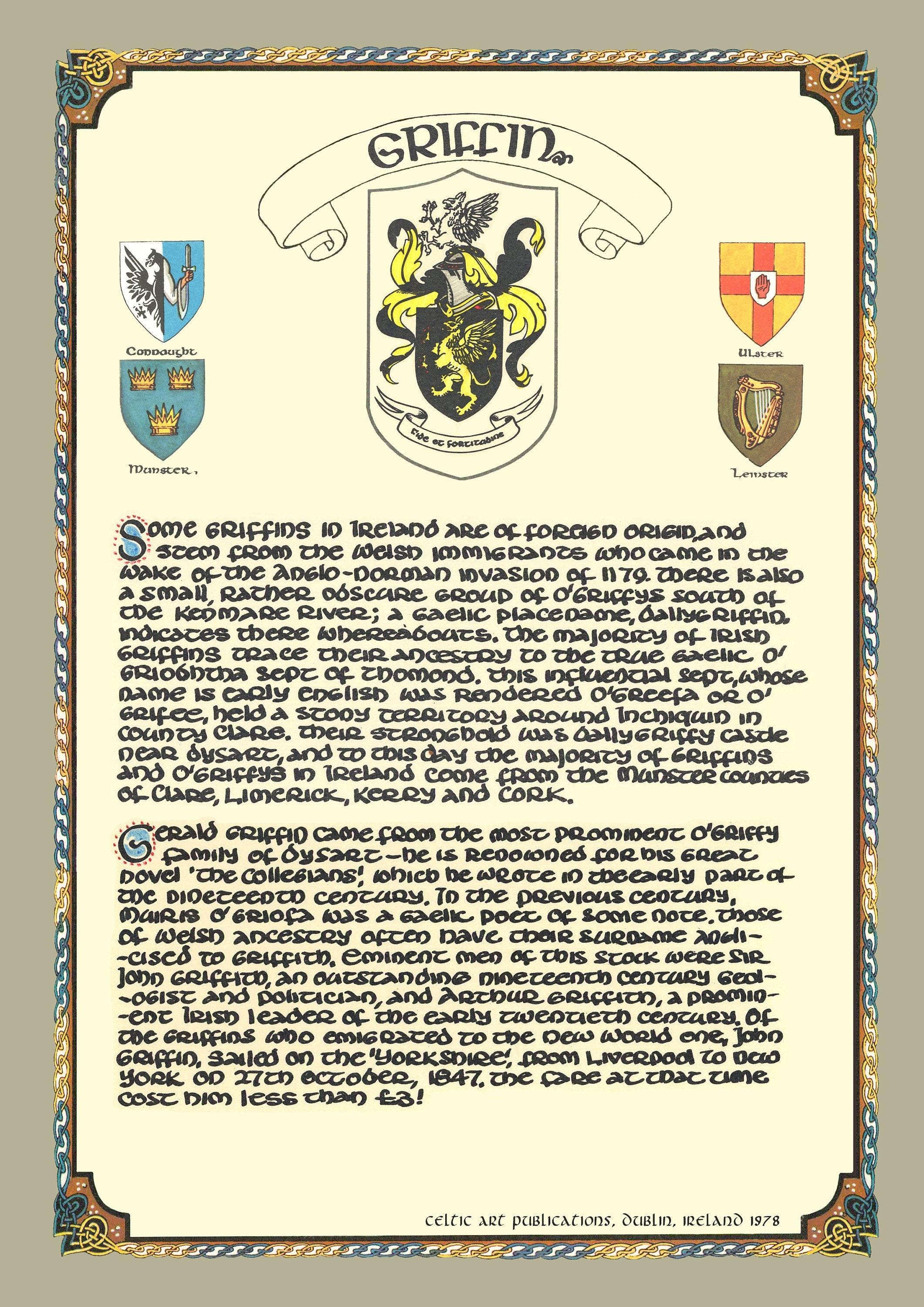 Griffin Family Crest Print Download Irish Coat of Arms Irish Family Crest Gifts Ireland Coat of ...