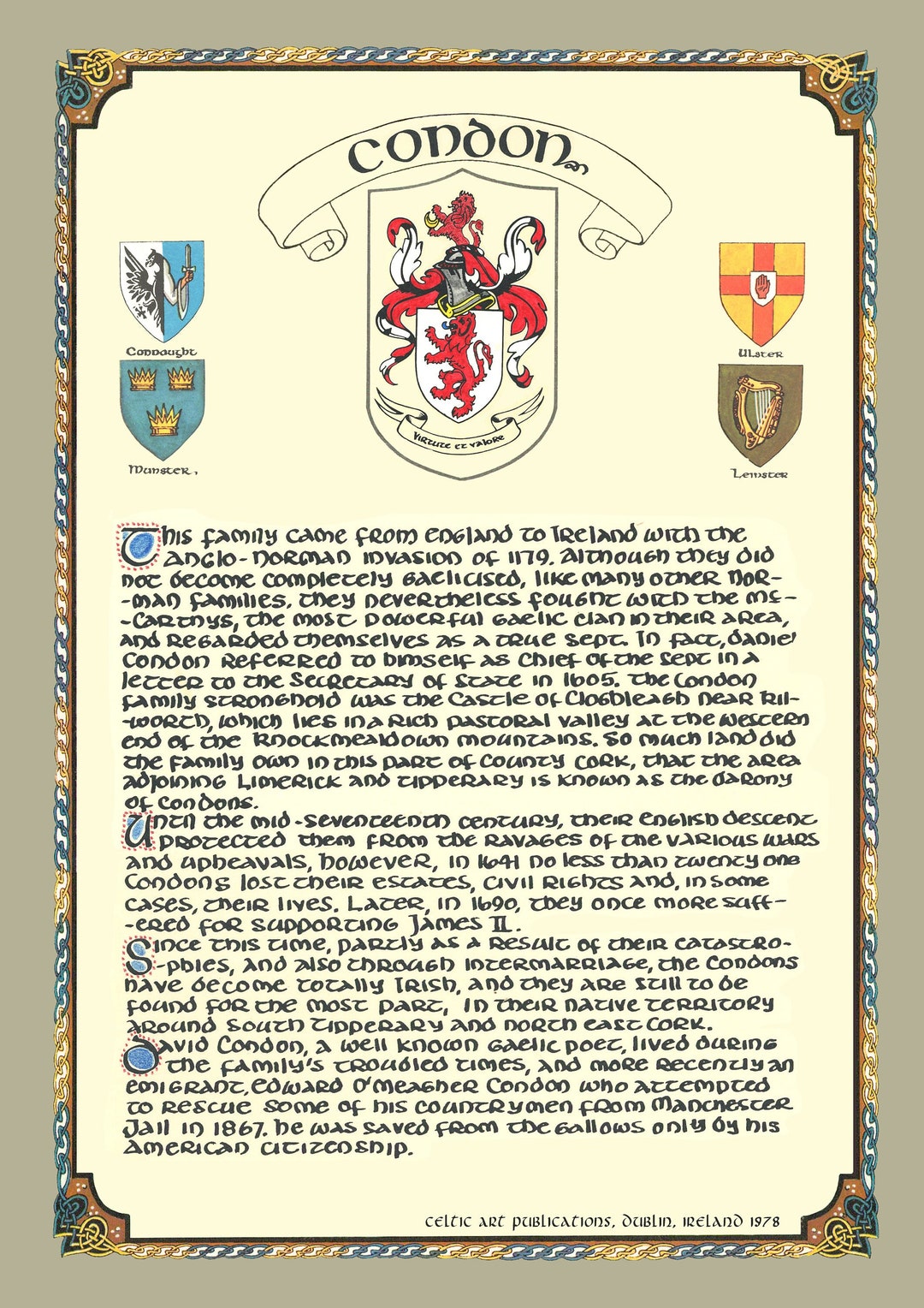 Condon Family Crest Irish Coat of Arms Irish Family Crest Gifts Ireland ...