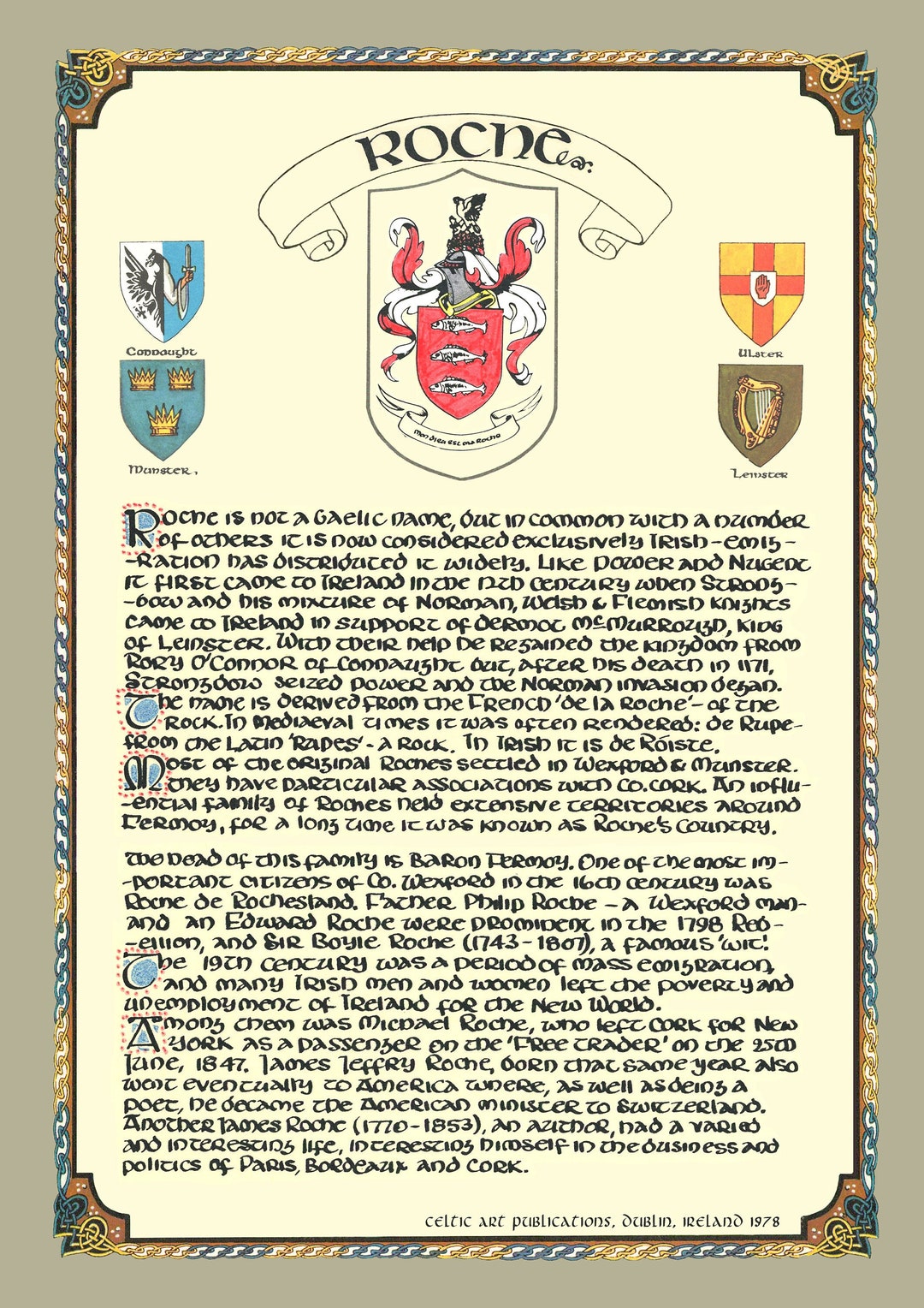 Roche Family Crest Irish Coat of Arms Irish Family Crest Gifts Ireland ...