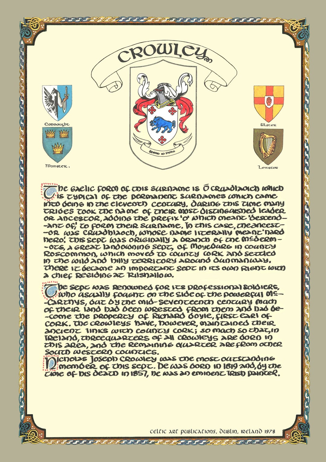 Crowley Family Crest Irish Coat of Arms Irish Family Crest Gifts ...