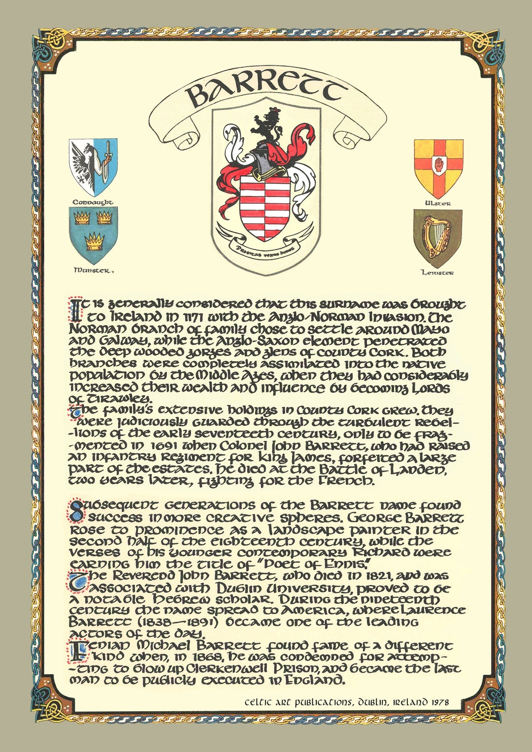 Barrett Family Crest Irish Coat of Arms Irish Family Crest Gifts ...