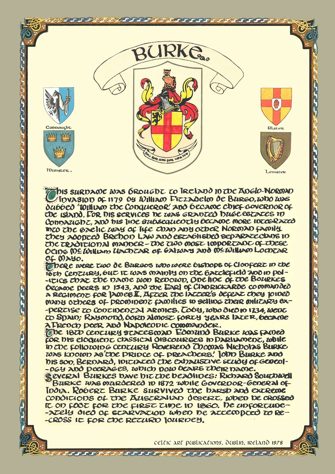 Burke Family Crest Print Download Irish Coat of Arms Irish Family Crest ...